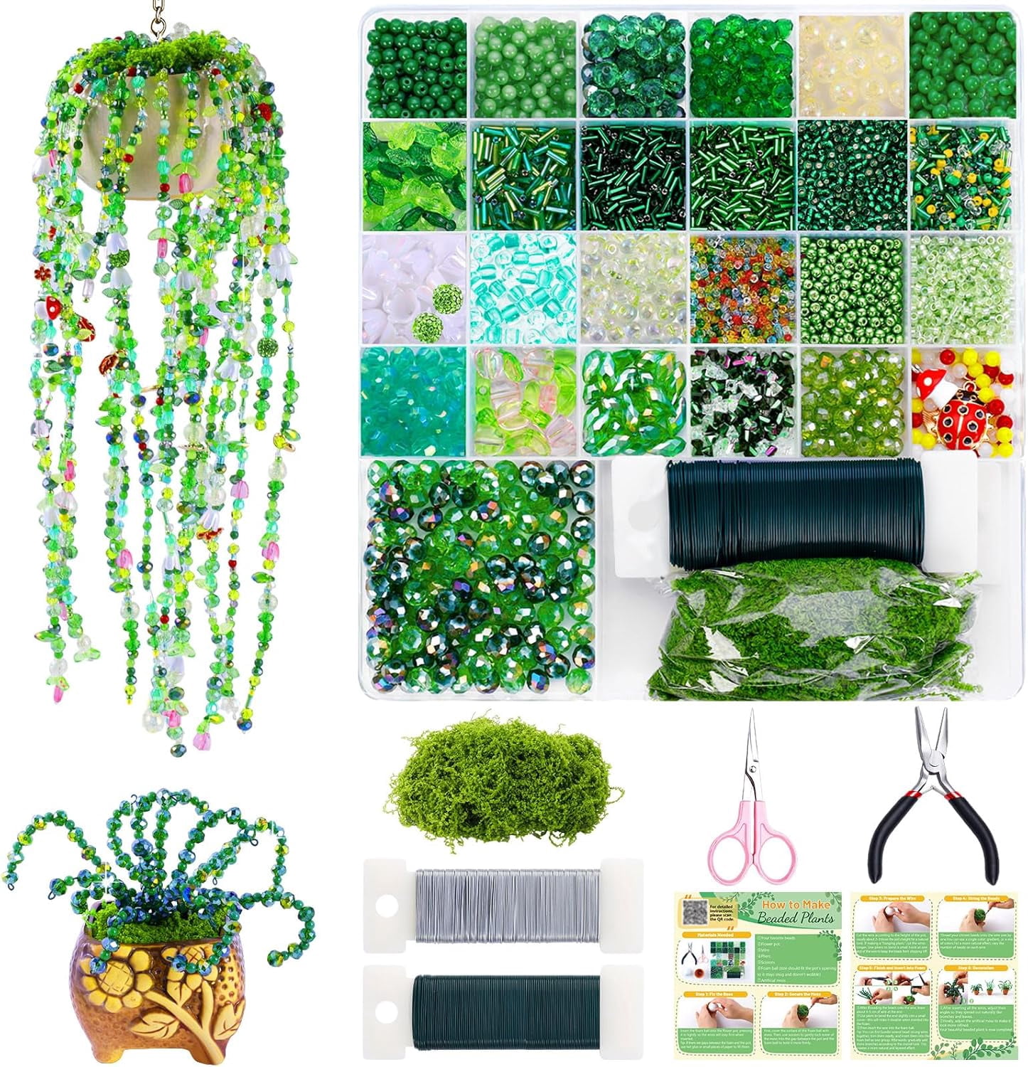 5422 Pcs Beaded Plant Kit Green Glass Beads for Plant Making, Green ...