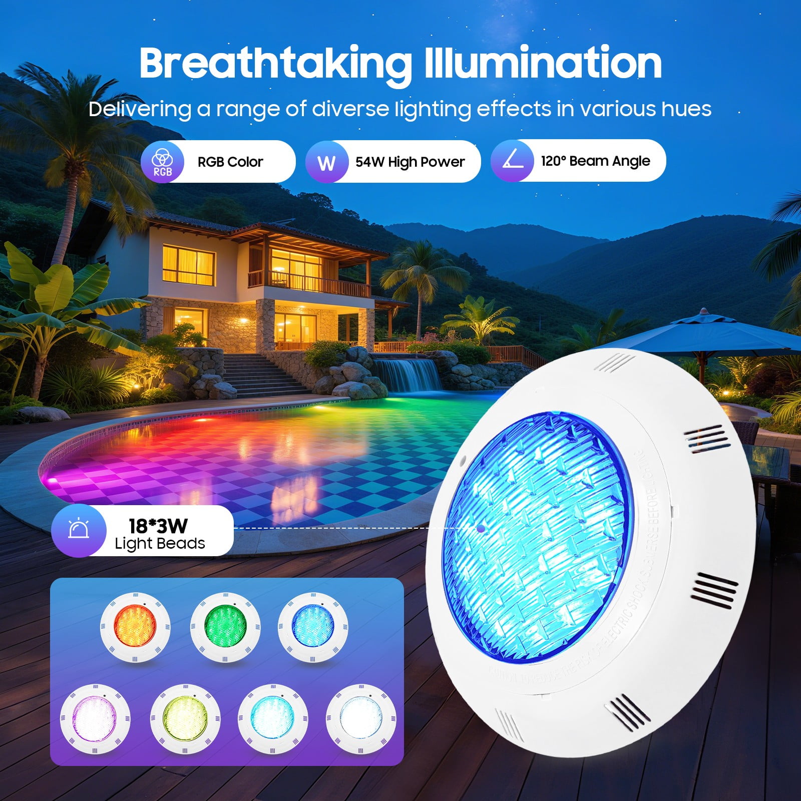 54W Color Changing RGB LED Swimming Pool Light Inground Underwater ...