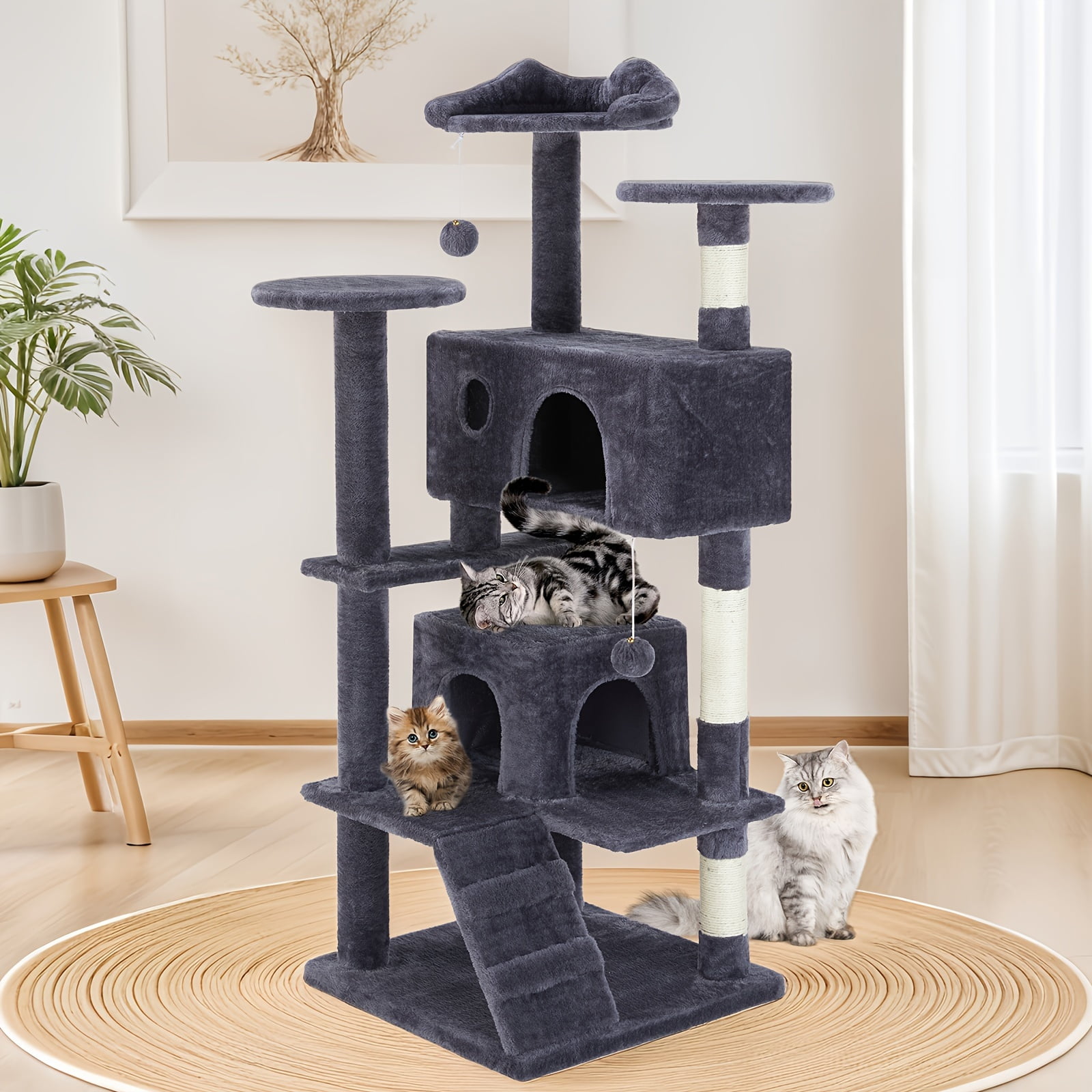 54in Luxury Cat Tree Tower Multi Level Playground With Plush Bed