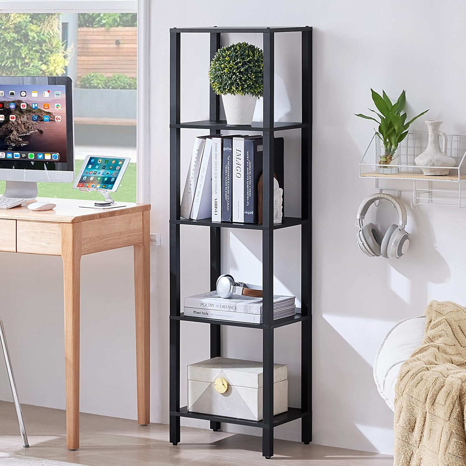54in Tall Bookshelf 5-Tier Small Narrow Bookcase, Skinny Book Shelf for ...