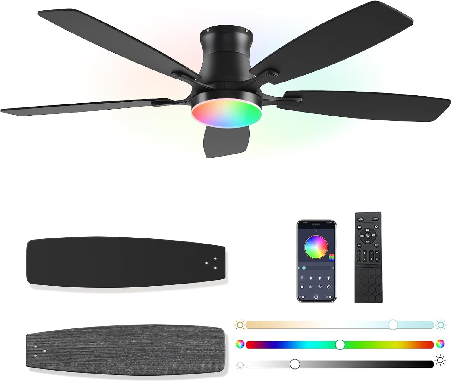 54inch Ceiling fans with Lights, Low Profile RGB Ceiling fan with Light ...