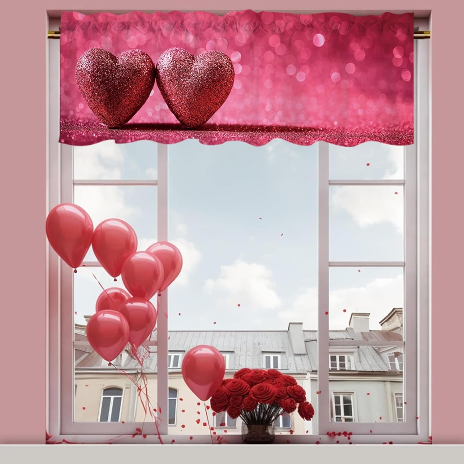 54x18 Inches Pink Two Hearts Valentine''s Day Window Treatment Valance ...