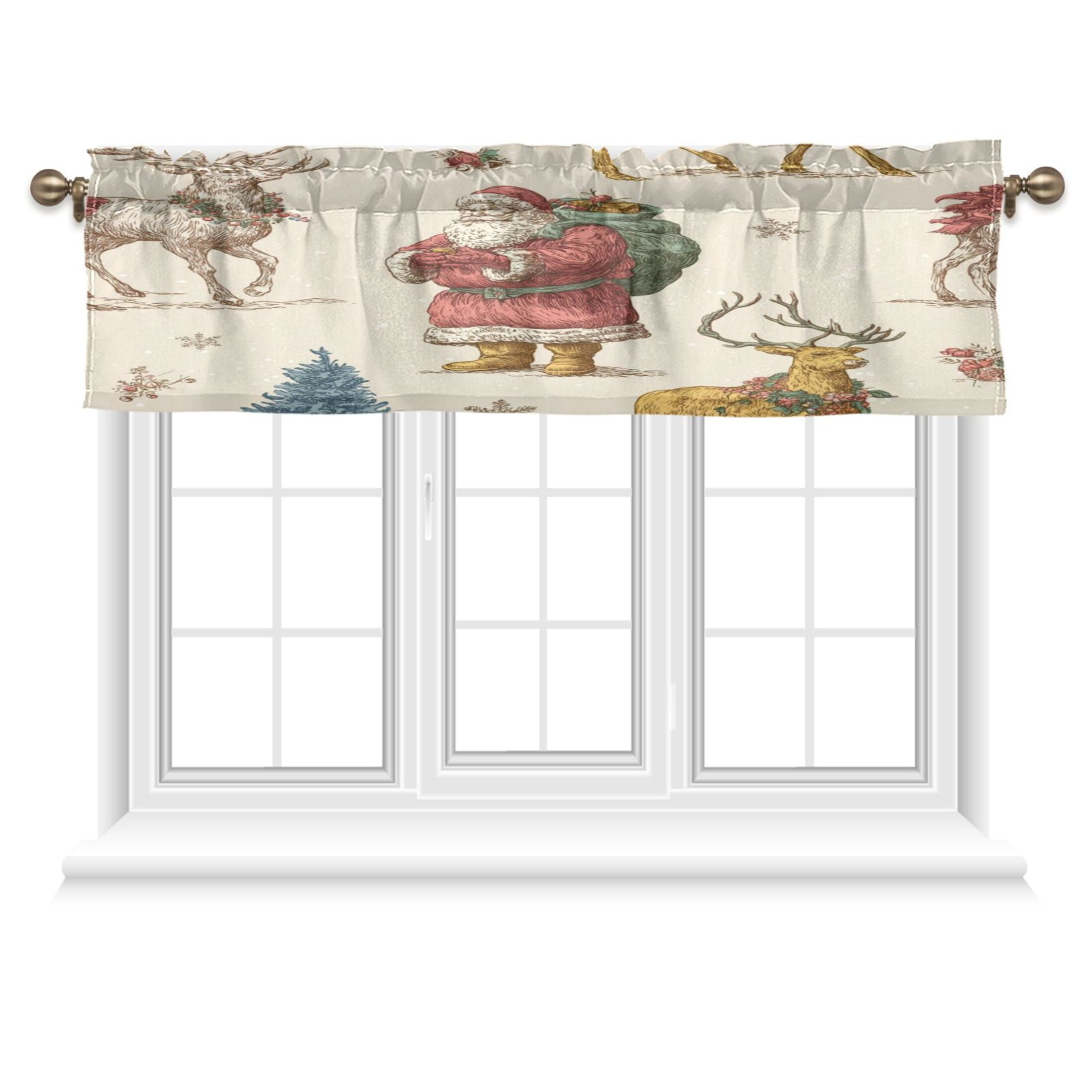 54x18 Inches Valance Curtain Retro Santa Claus and Reindeer Window ...
