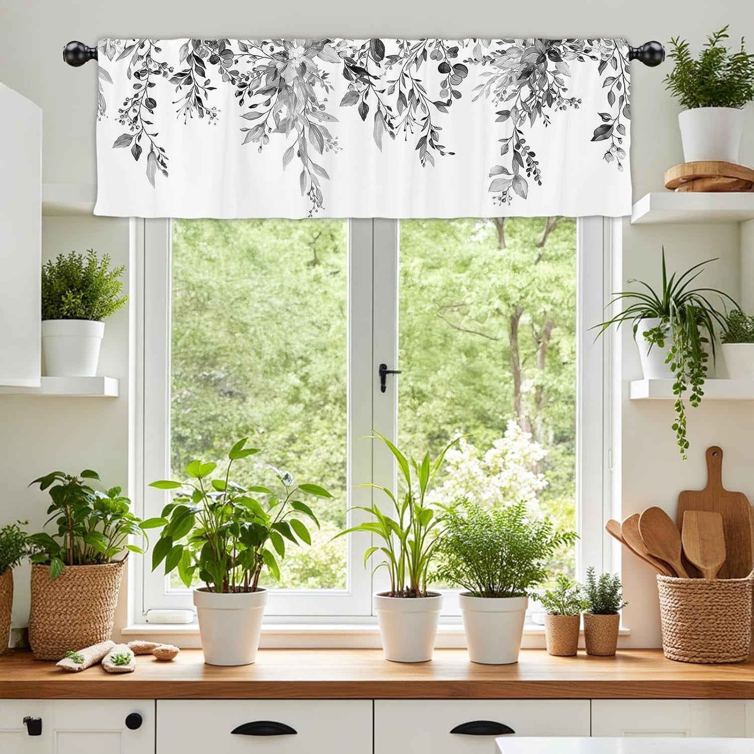 54x18Inch Grey Eucalyptus Botanical Leaves Kitchen Valances Black ...