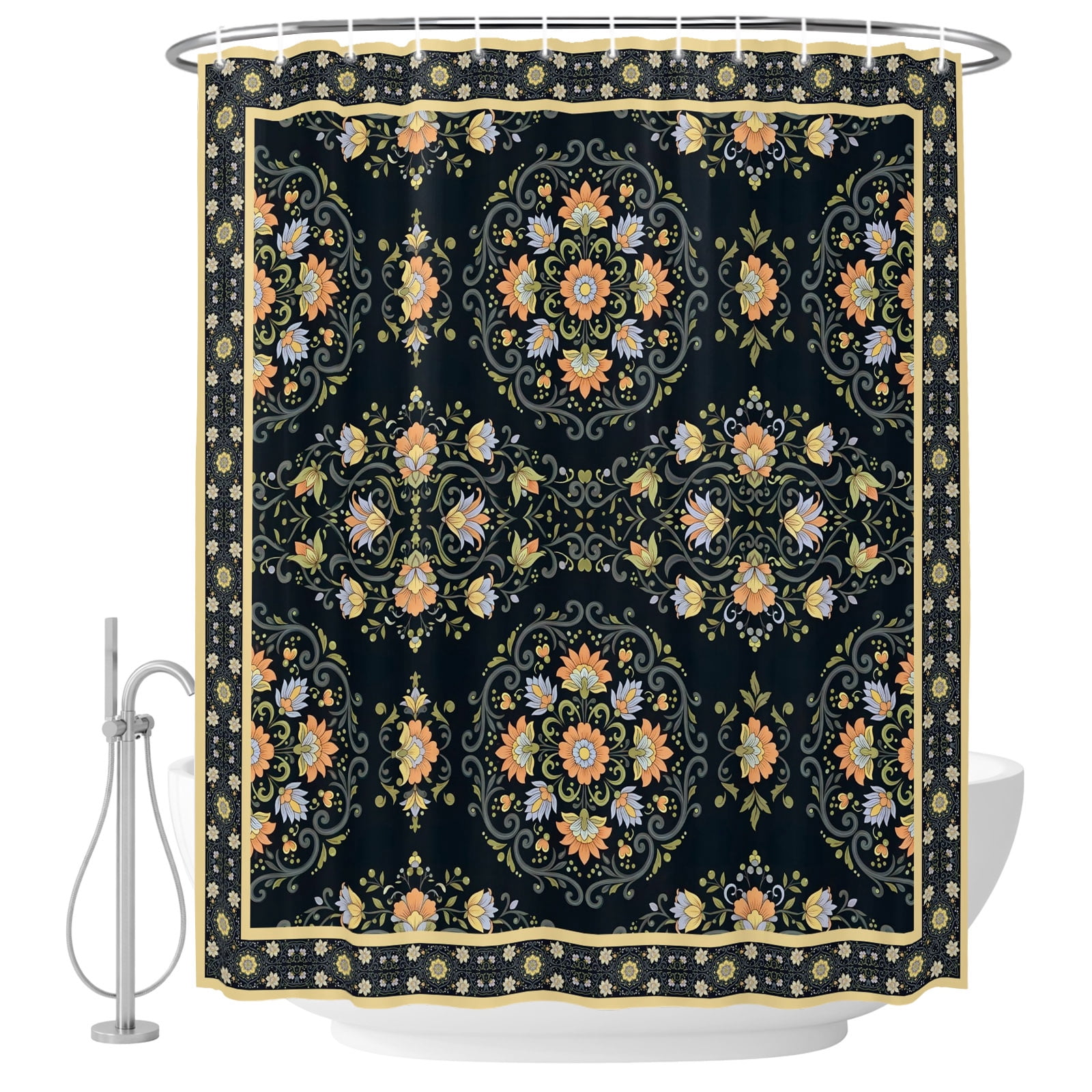 54x78 Inch Shower Curtain Decorative Boho Floral Black Bathtub Bath ...