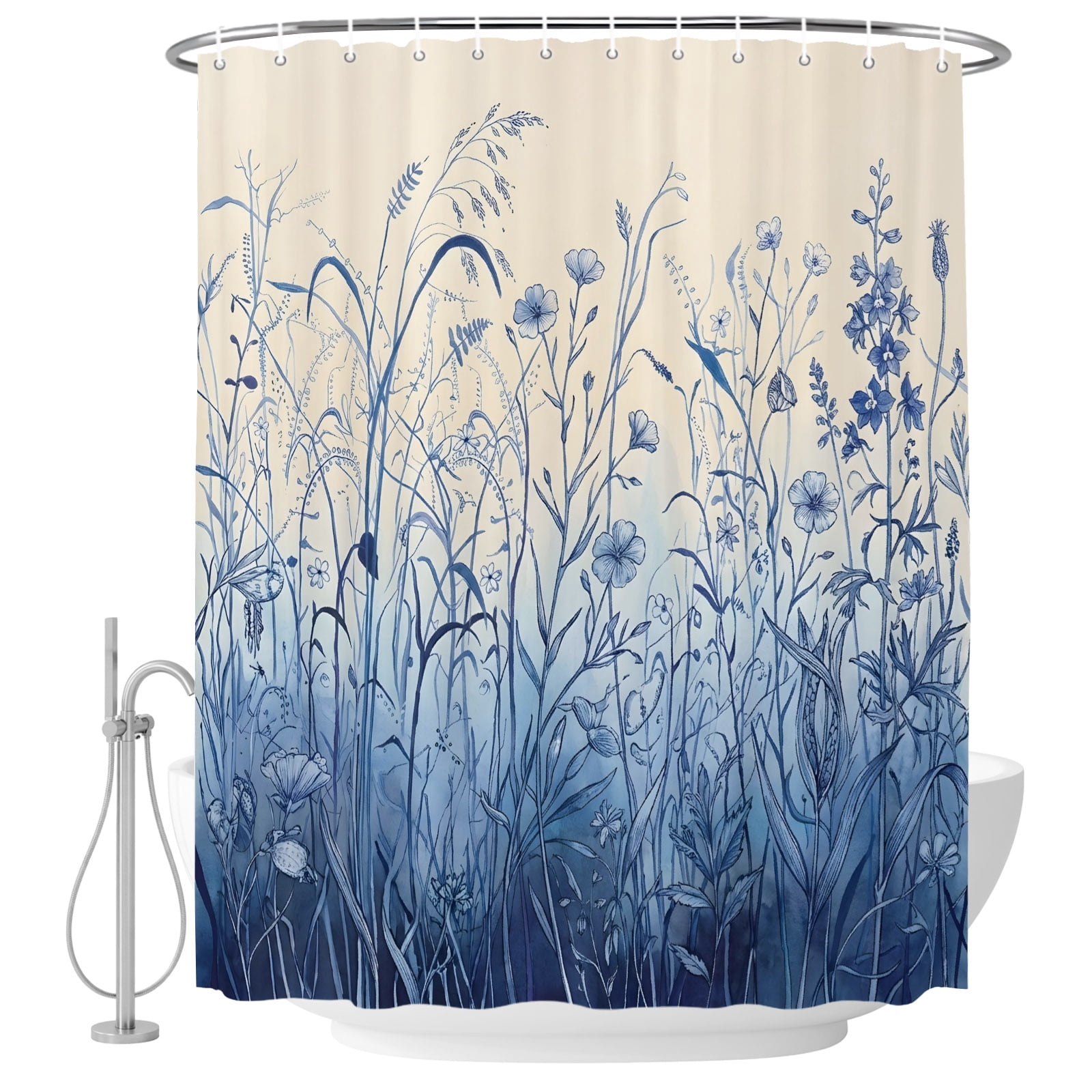 54x78 Inch Shower Curtain Decorative Navy Blue Flowers Bathtub Bath ...