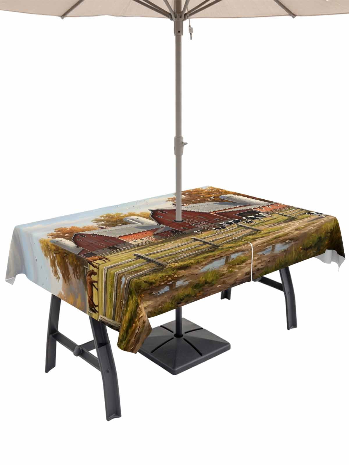 54x80 Inch Outdoor Tablecloth with Umbrella Hole Zipper Rectangle Farm ...