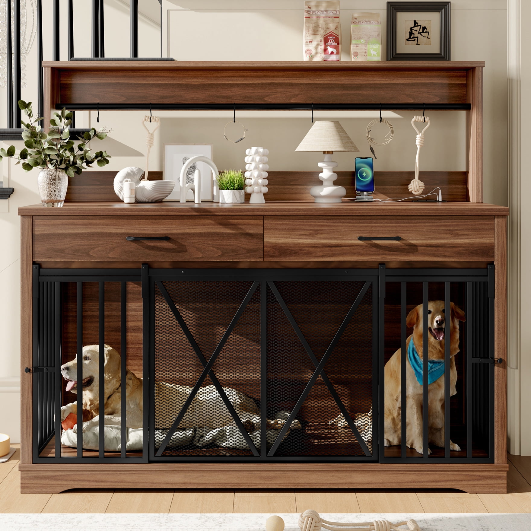 55.1" Dog Crate Furniture, Heavy Duty Dog Cage Table with 2 Storage ...