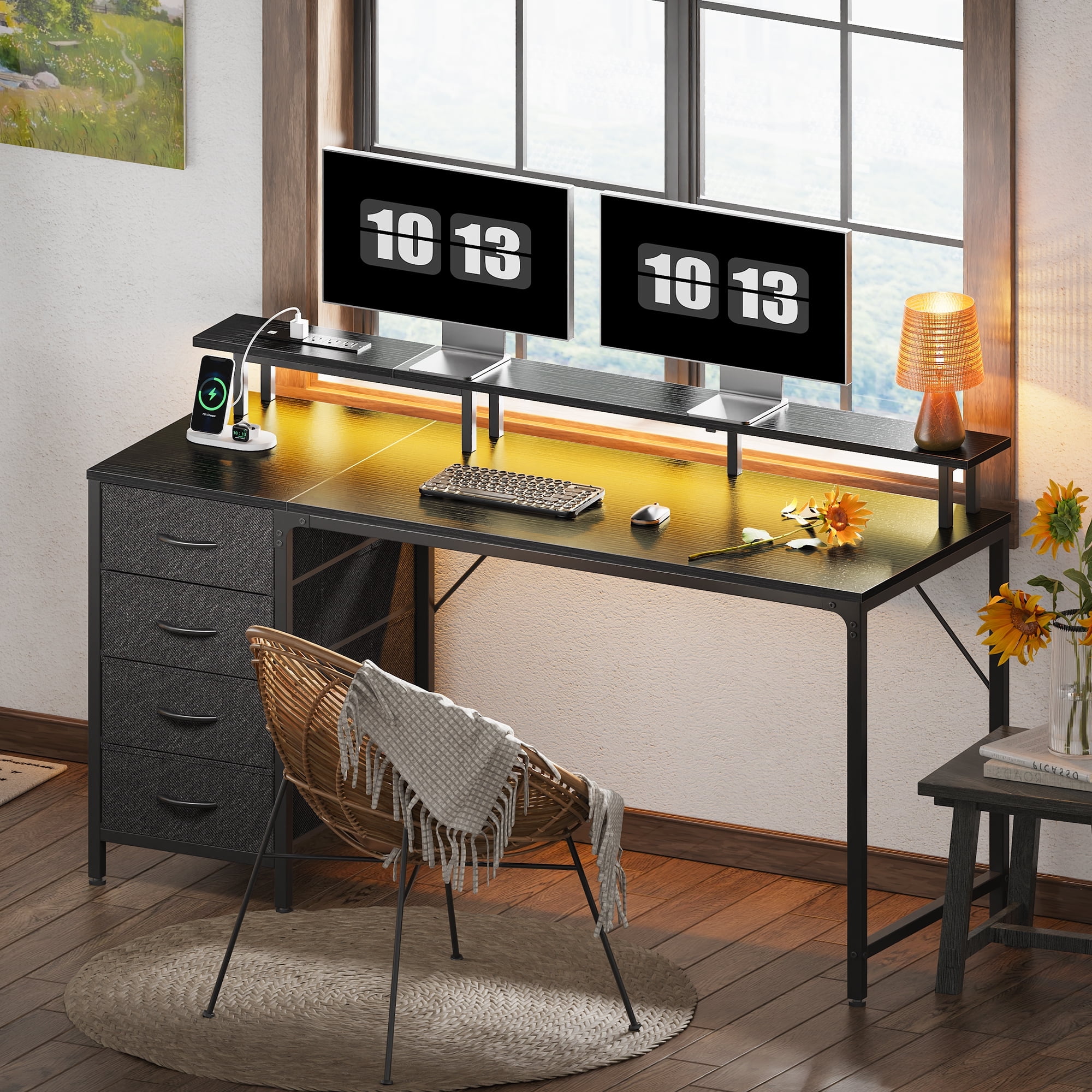 SUPERJARE Desk with Drawers, 55" Gaming Desk with LED Lights, Computer ...