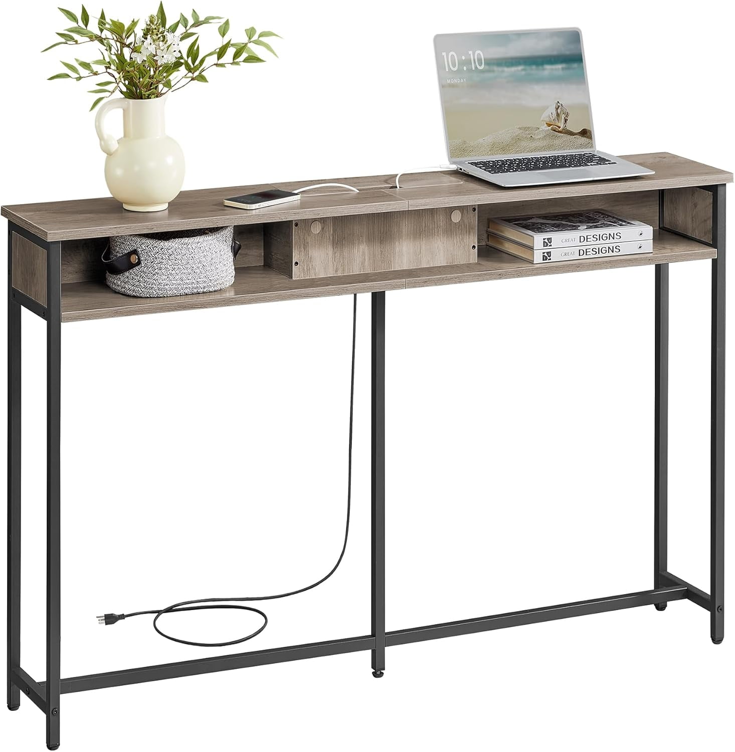 55.1-Inch Console Table with Outlet and Shelves, Sofa Table with ...