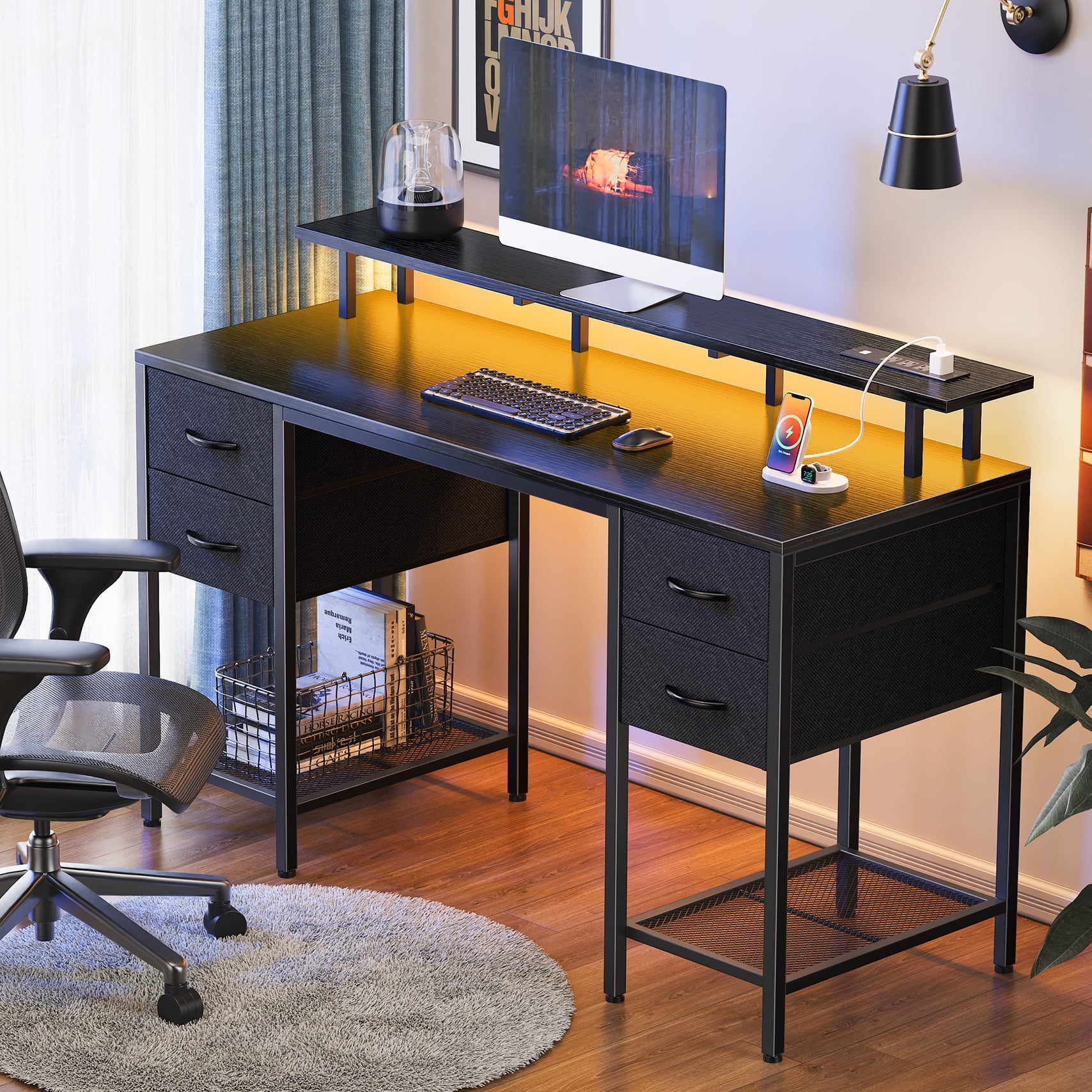 55.1" LED Gaming Desk with Drawers, Computer Desk with Outlets, Office ...