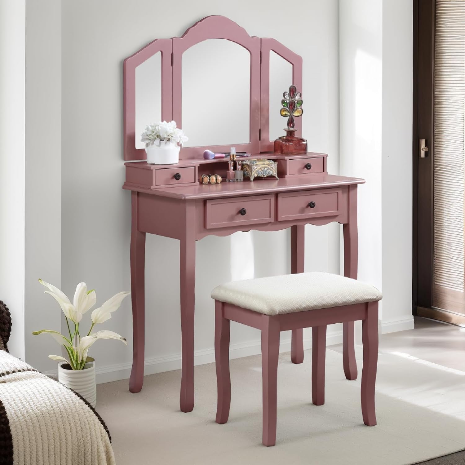 55.1" Makeup Vanity Desk with Tri-fold Mirror and Cushioned Stool ...