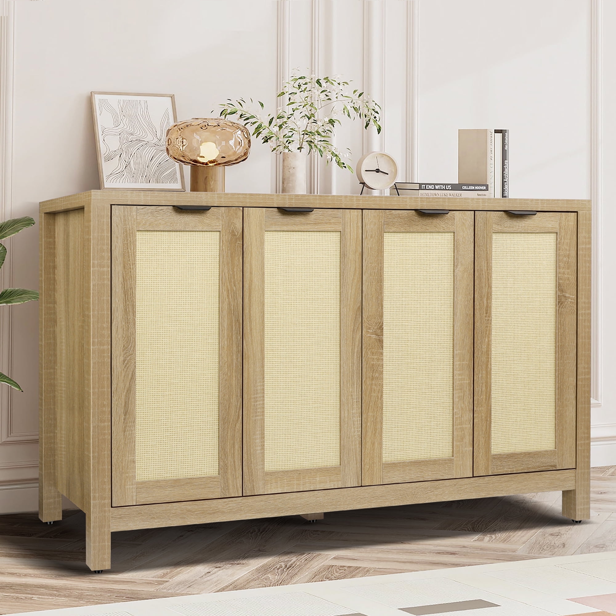 55.1" Rattan Sideboard Buffet Cabinet with Storage 4 Doors and ...