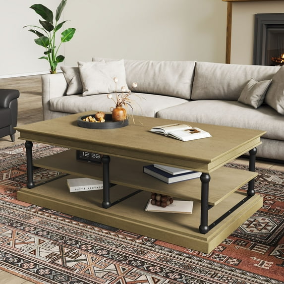 55.1" Wood Coffee Table with Black Legs, 2 Open Storage Shelves, Modern ...