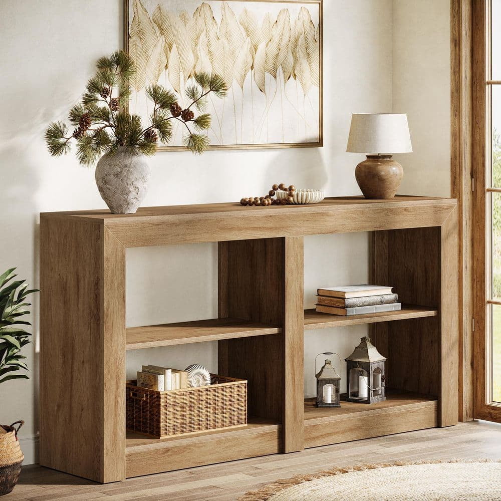 55.1 in. Brown Rectangle Wood Console Table with Wavy Line Design ...