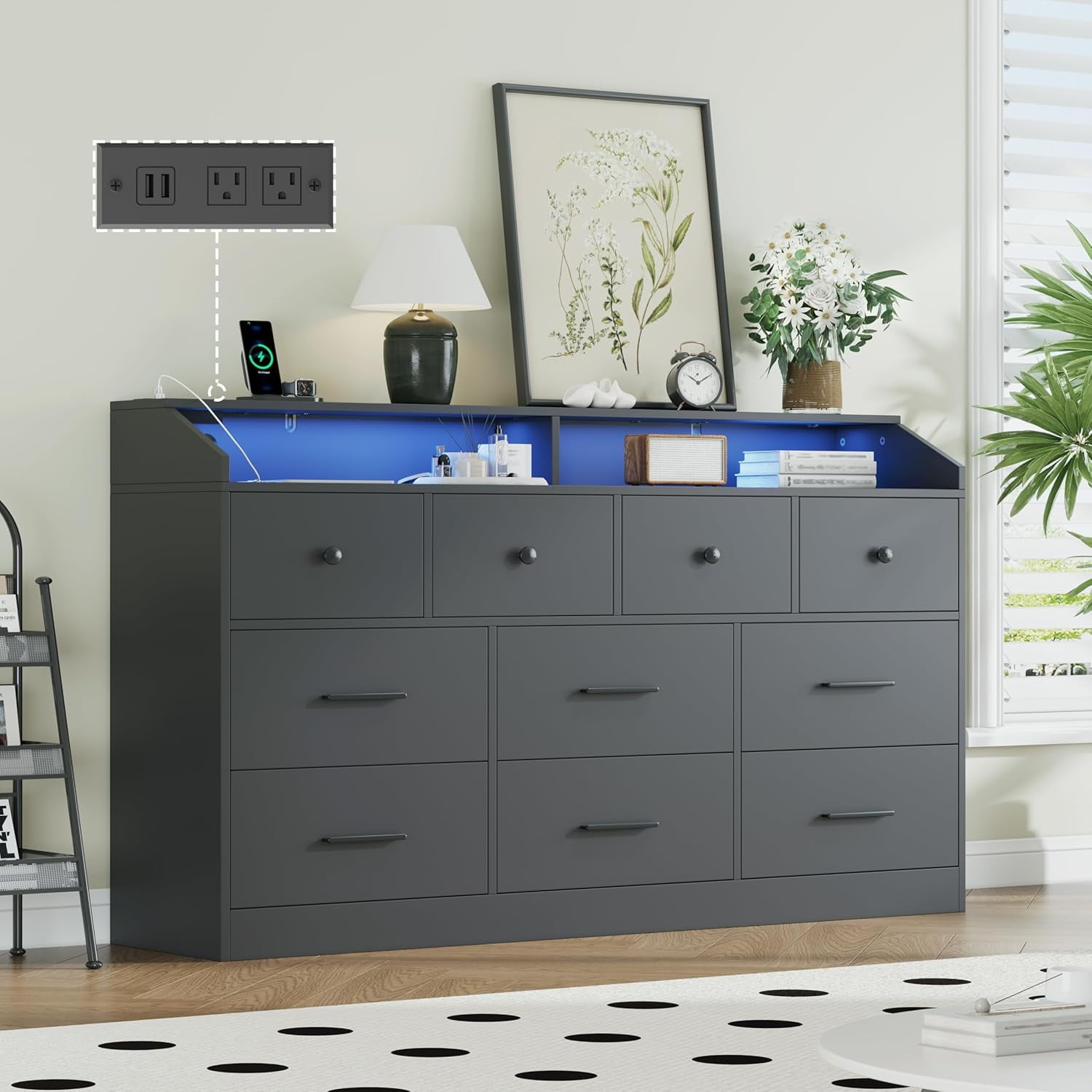 55'' 10-Drawer Dresser with Charging Station & LED Lighting - Farmhouse Wooden Storage Cabinet ...