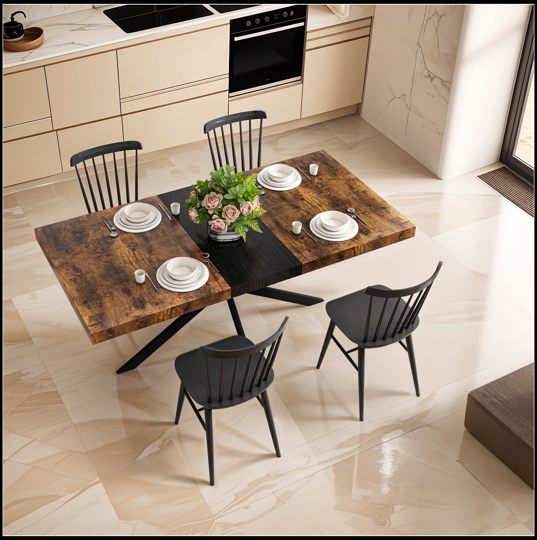 55.11" -70.86"Retro Rectangular Stretch Dining Table,Black Fine Sand ...