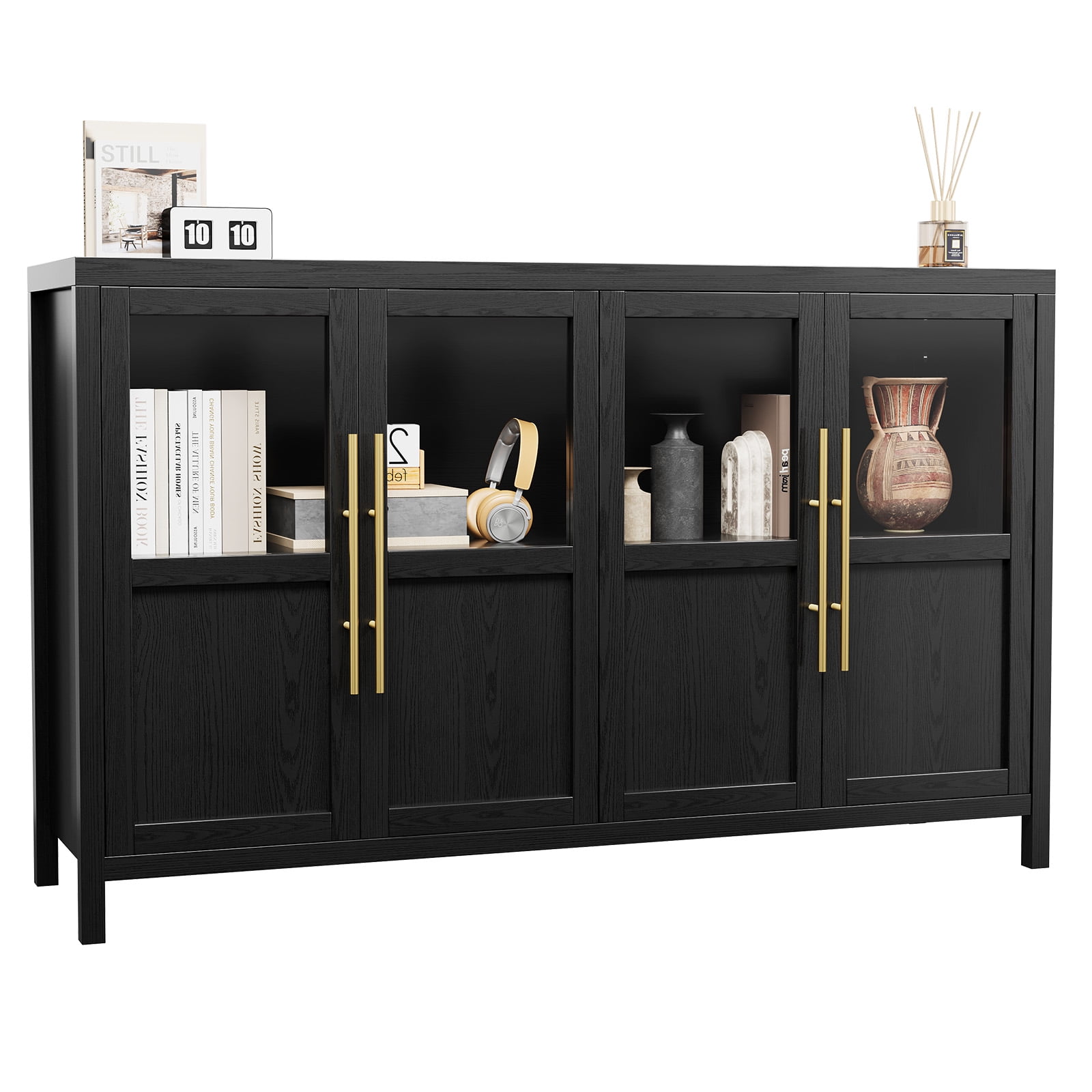 55.12" Buffet Sideboard Cabinet with 4 Glass Doors, Engineered Wood ...