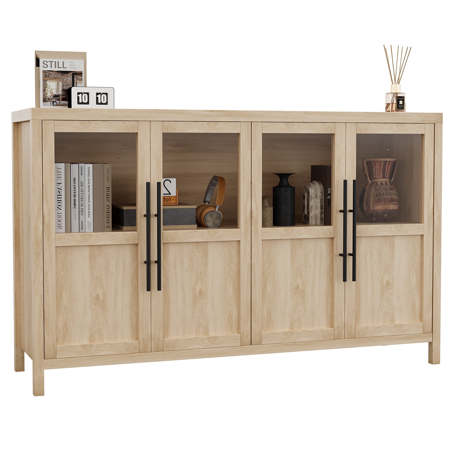 55.12" Buffet Sideboard Cabinet with 4 Glass Doors, Engineered Wood ...