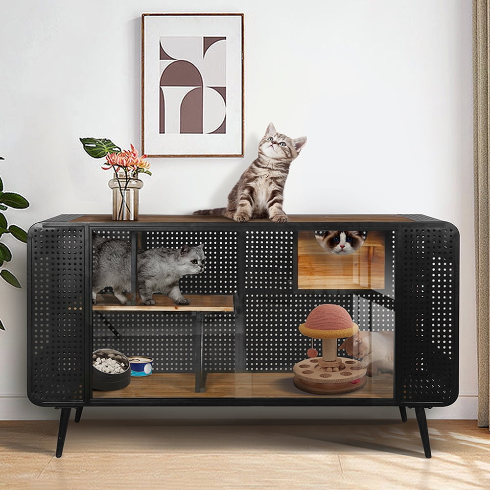55.12" Cat House With 2 Sliding Tempered Glass Doors, Metal Spacious ...