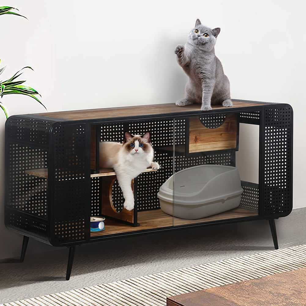 55.12" Cat House With 2 Sliding Tempered Glass Doors, Metal Spacious ...