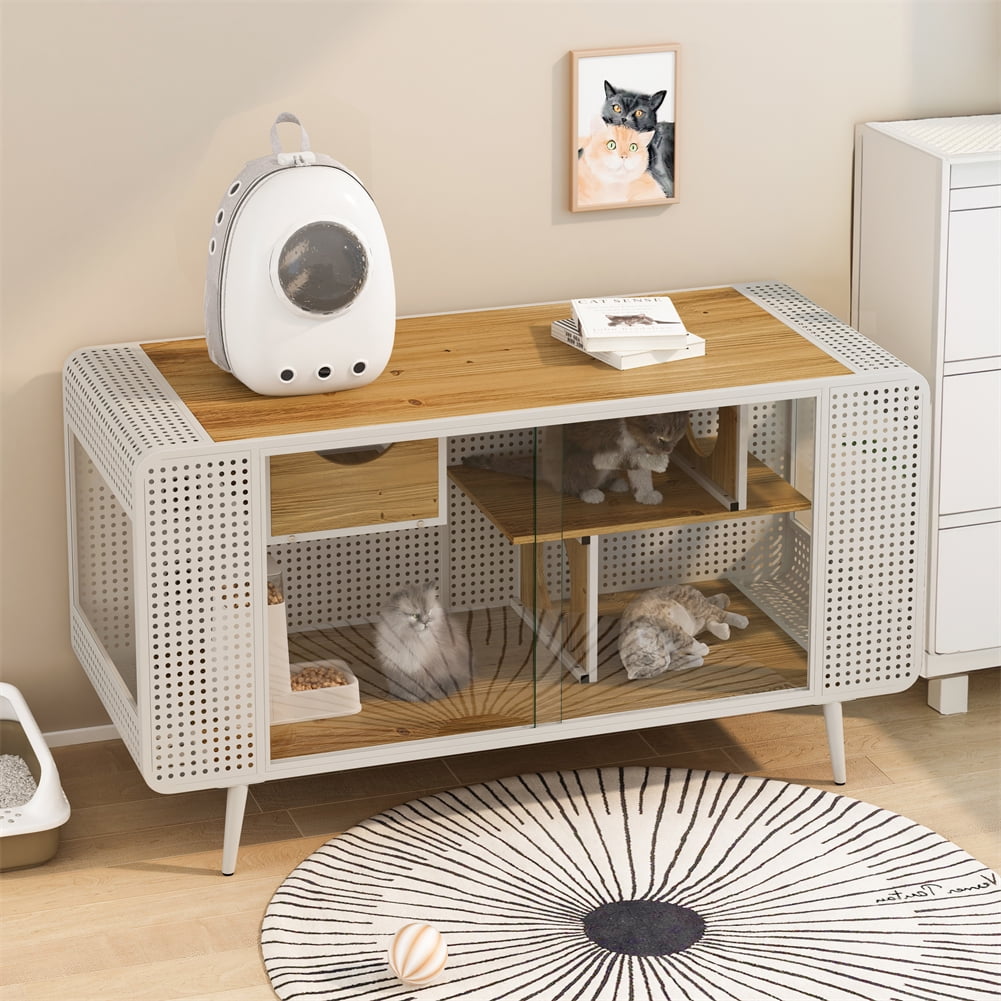 55.12" Cat House With Tempered Glass Door, Iron Frames Cat Villa House ...