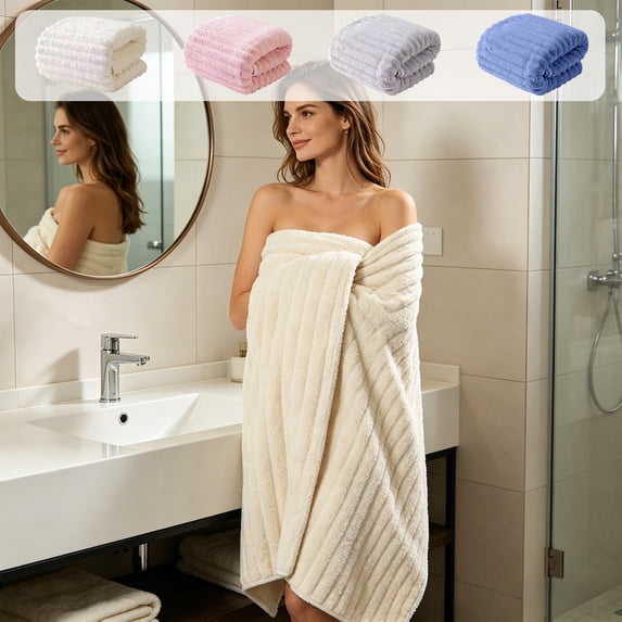 55.12 x 27.56 in Gray Fleece Striped Bath Towel, Thick Soft Quick Dry ...