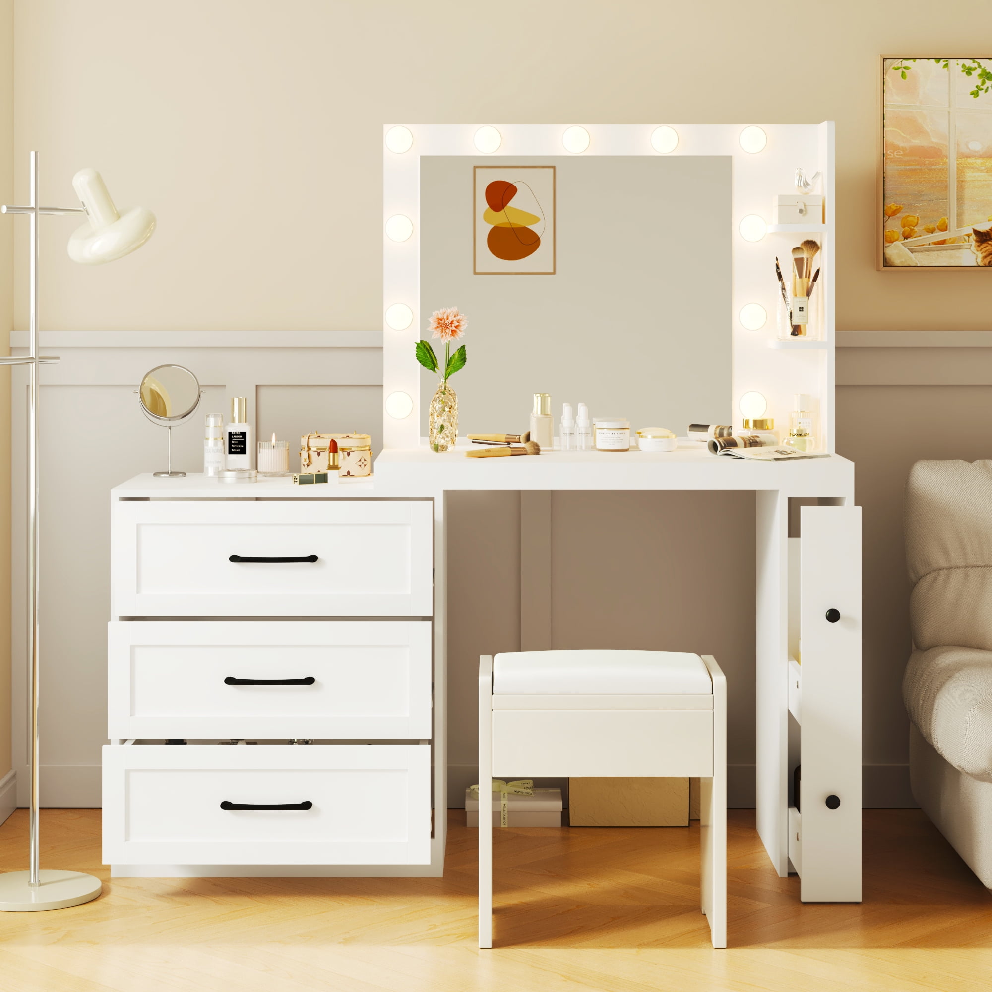 55.2" Vanity Desk with Freely Adjustable Side Cabinet, Makeup Vanity ...