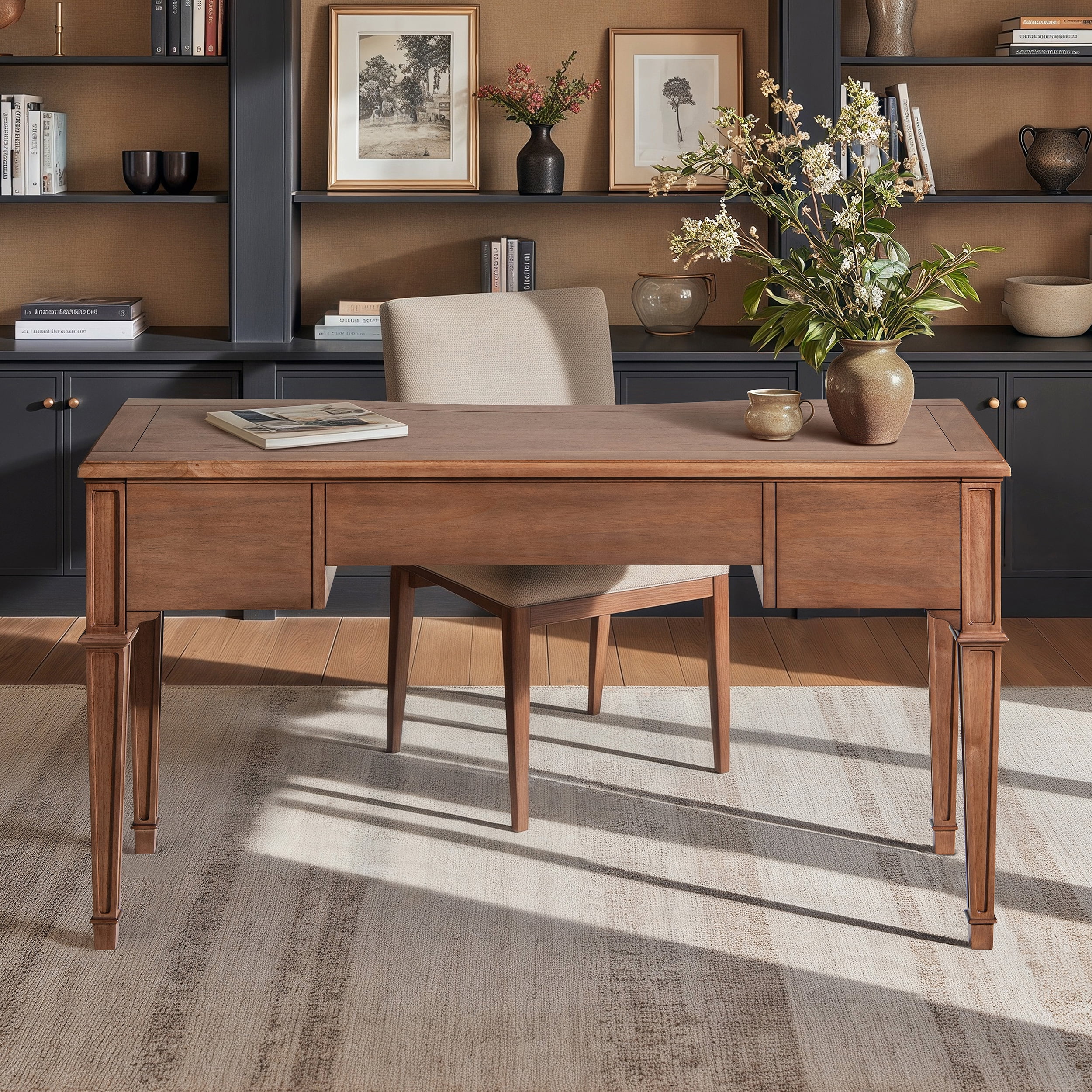 55" 3-Drawer Wood Executive Desk Brown Rubber Wood & Veneer - Walmart.com
