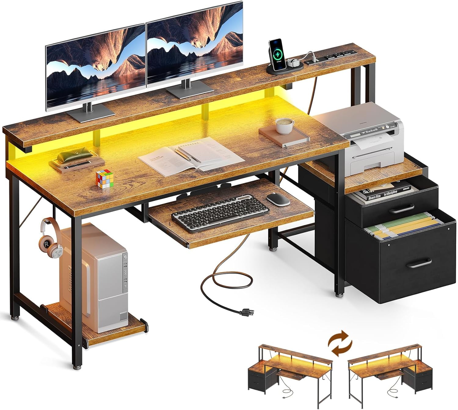 55" Computer Desk with Fabric File Cabinet and Drawer Reversible Office ...
