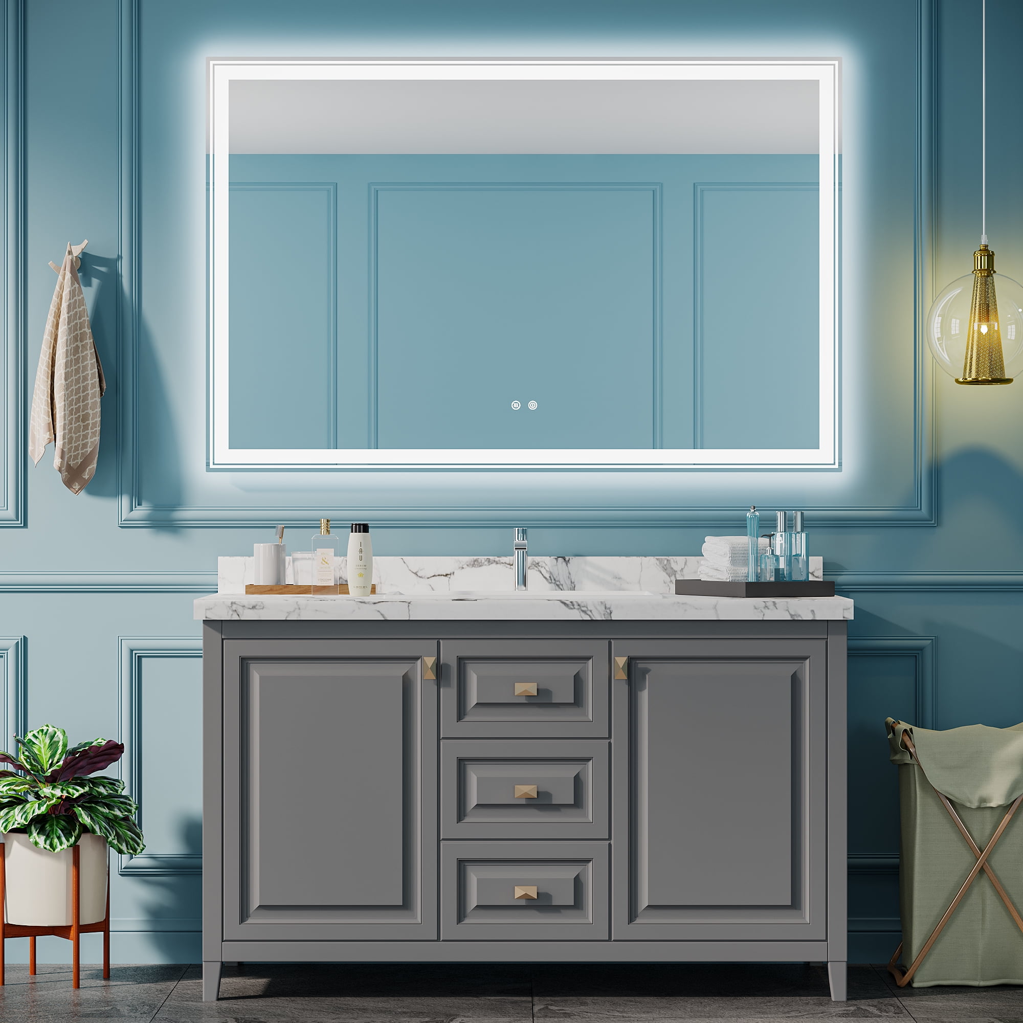55×36 inch LED-Lit Bathroom Mirror, Wall Mounted Anti-Fog Memory Large ...