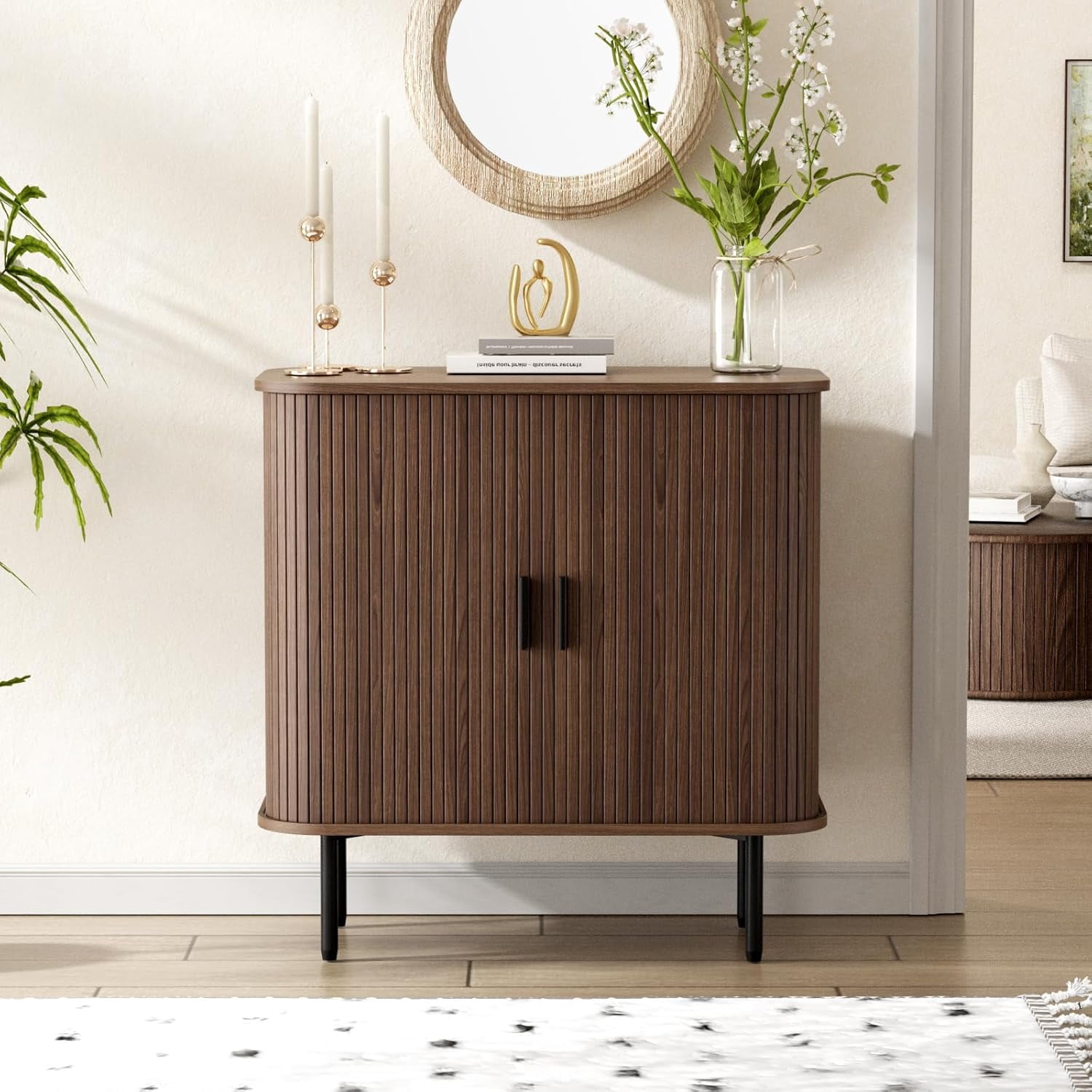 55''W Walnut Cabinet with Storage Media Console Tambour TV Stand Television Stands with Curvy ...