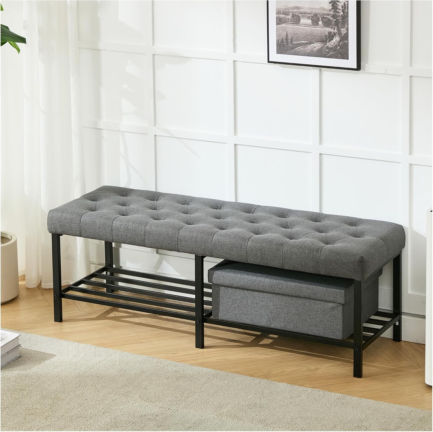 55.5" End of Bed Bench, Modern Linen Button Tufted Bedroom Bench ...