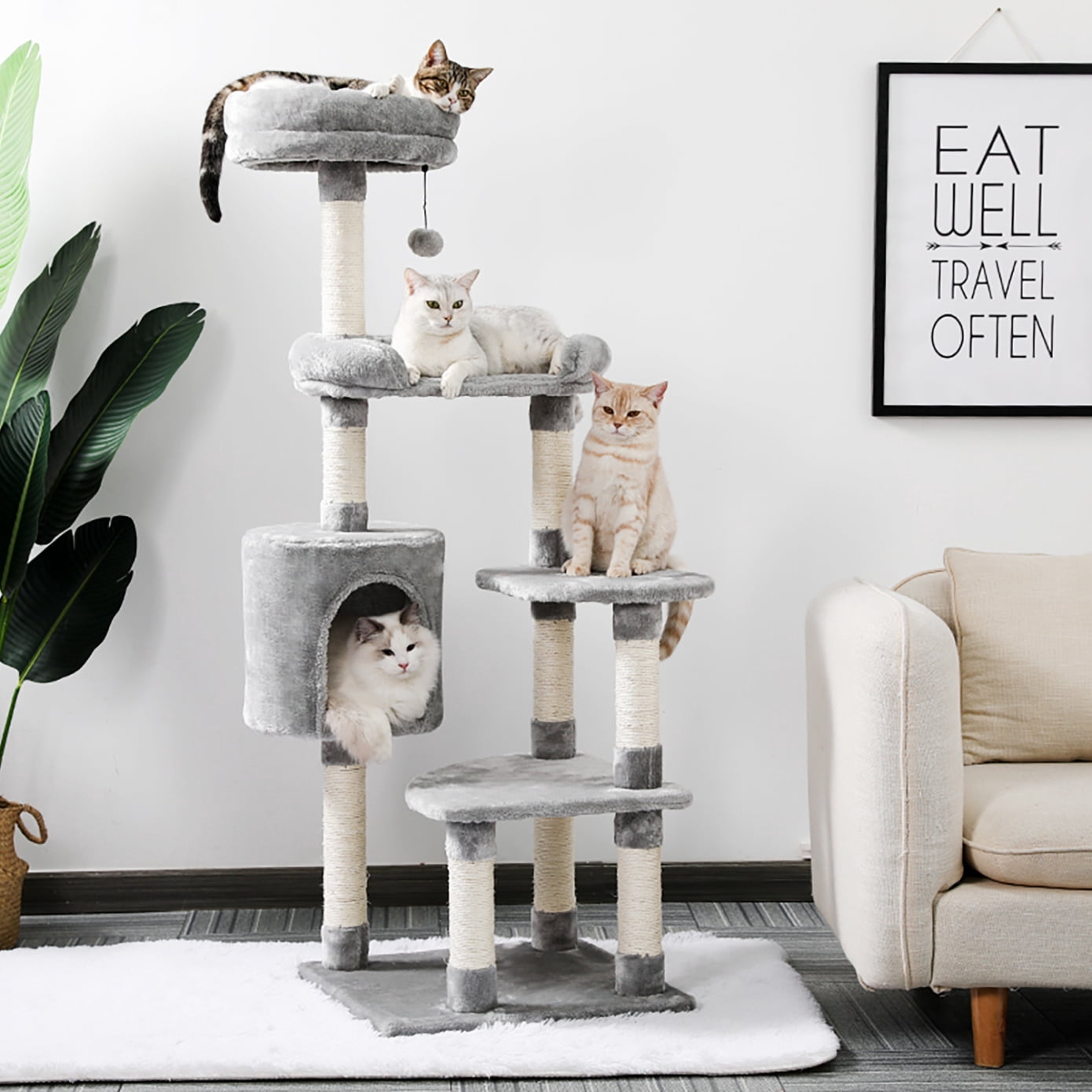 55" 5 Floors Cat Tree, 120cm Height Multi Level Space Efficient Cat ...