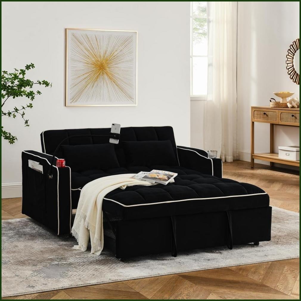 55.5” Modern 2-Seat Velvet Foldable Sofa Bed – Adjustable Back, USB ...