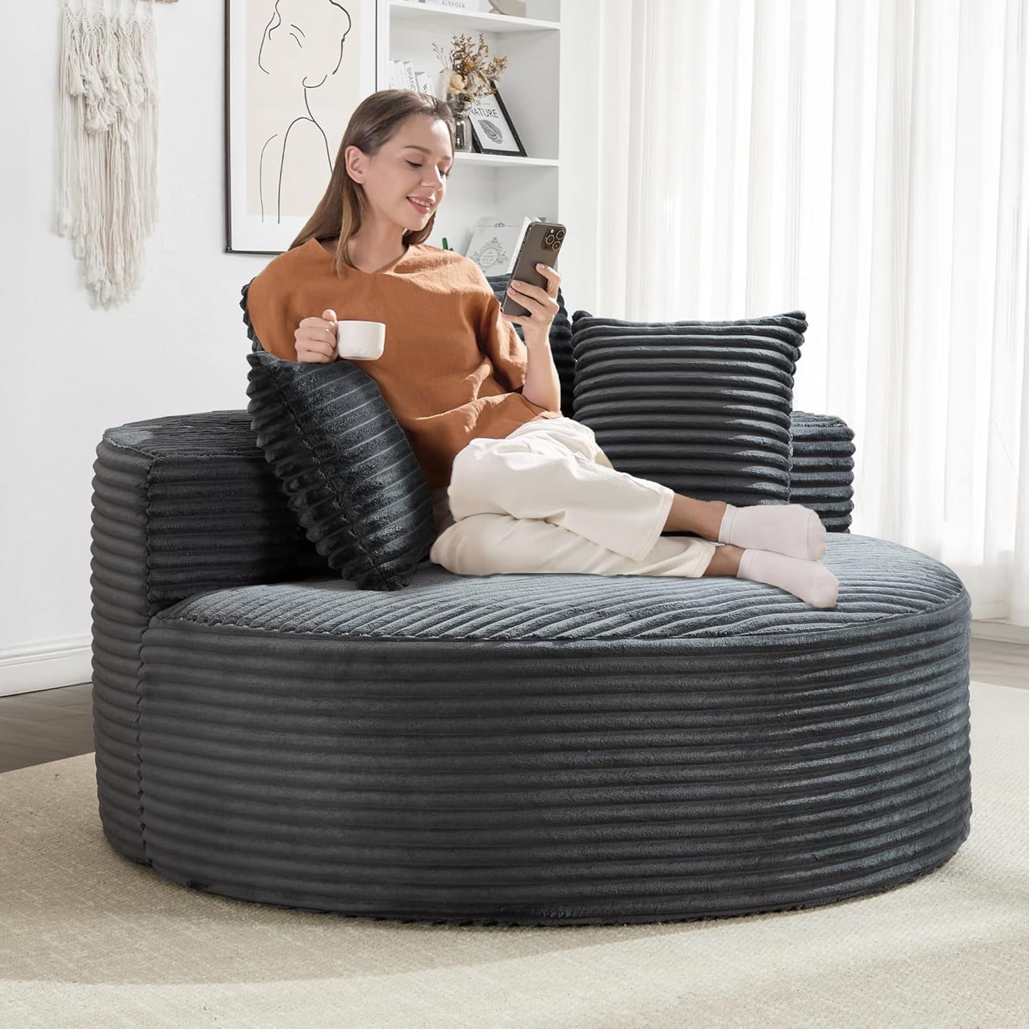 55.5" Oversized Round Chaise Lounge Indoor, Upholstered Corduroy Sofa ...