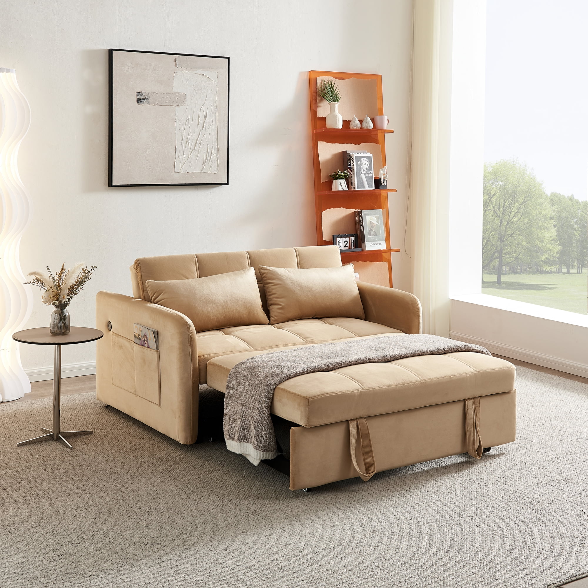 55.5" Pull Out Sofa Bed,Convertible Futon Sofa Bed with Adjsutable ...