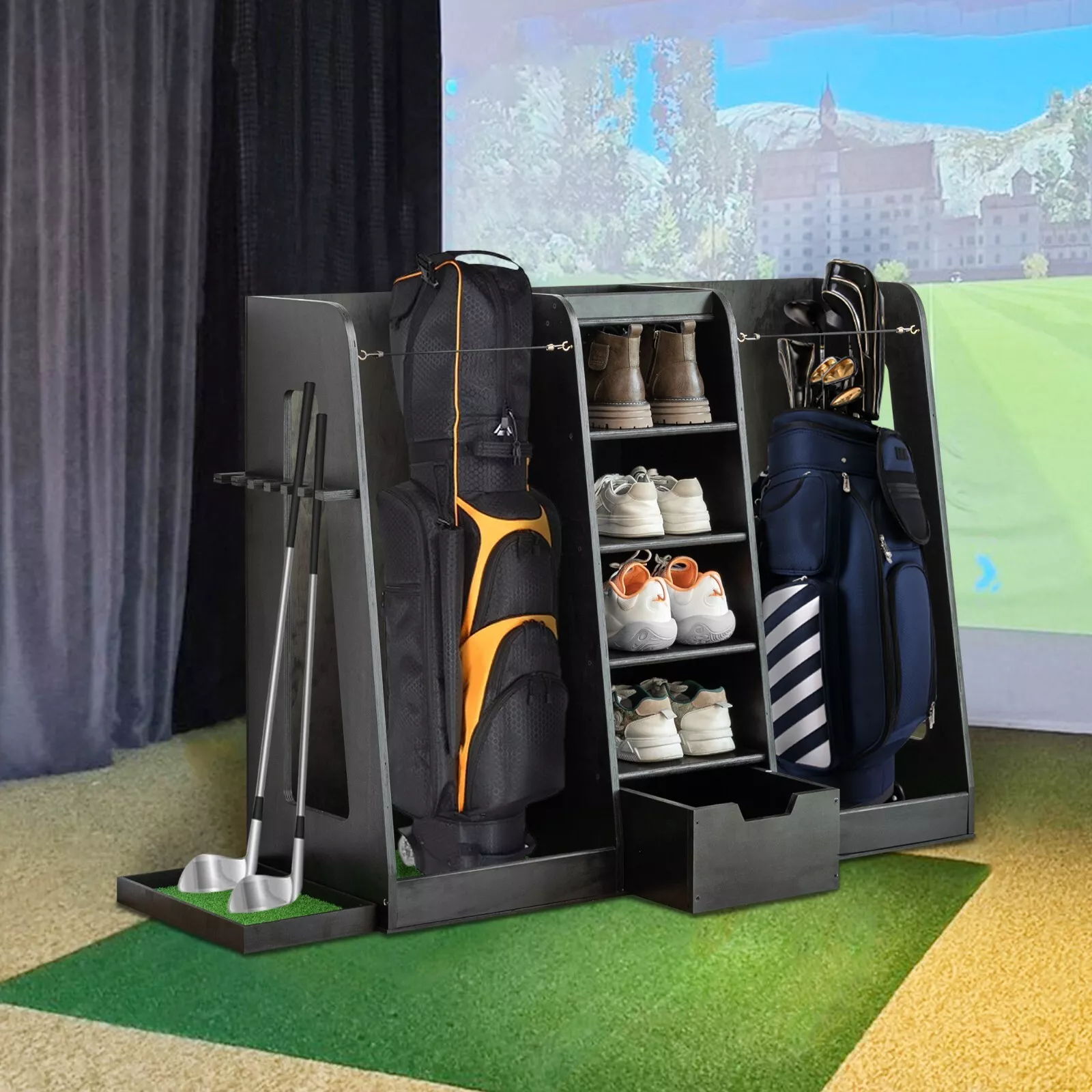 55.5''x16''x37'' Wooden Golf Bag Organizer Storage Rack Holds 2 Golf ...