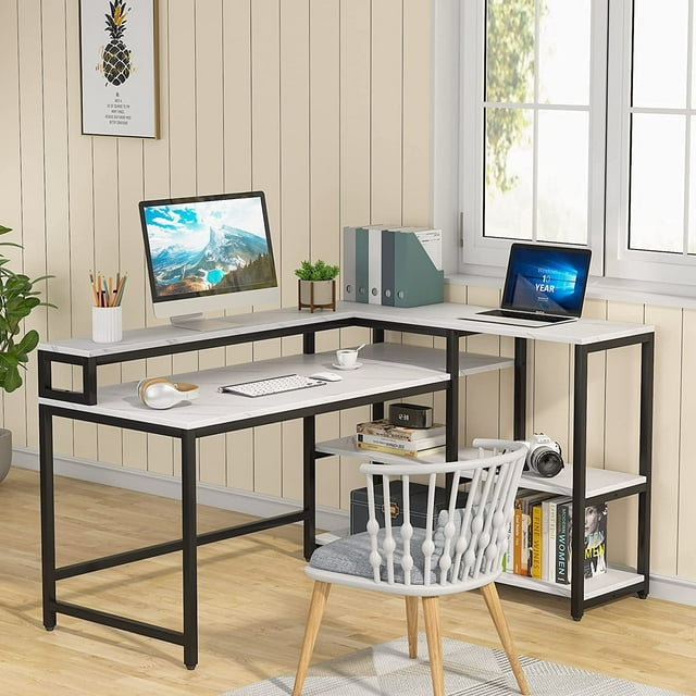 55/53 inch Reversible L Shaped Desk with Storage Shelf and Monitor ...