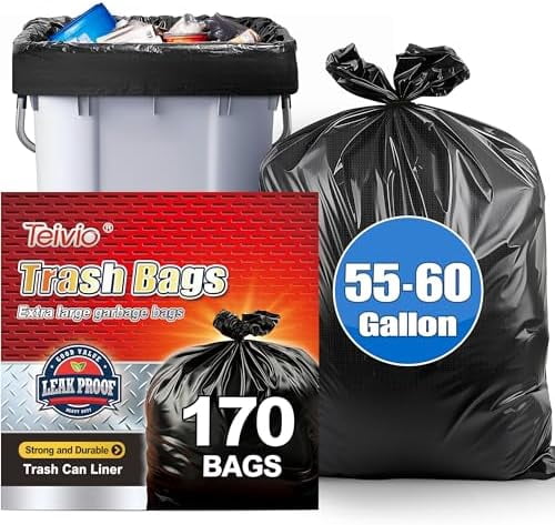 55-60 Gallon Black Trash Bags | 170 Bags Extra Large Multi-Use Heavy ...