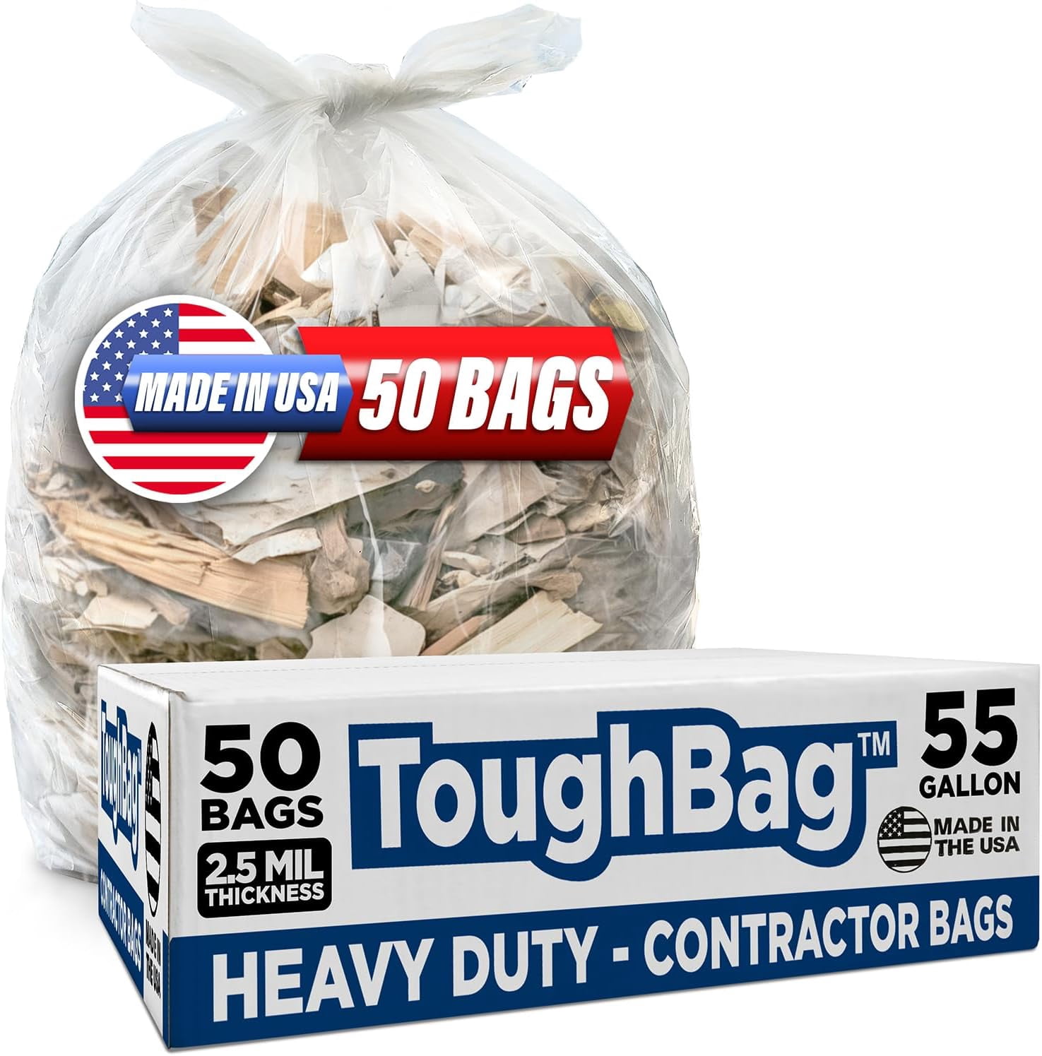 55-60 Gallon Contractor Trash Bags, 2.5 Mil Heavy Duty Clear (50 Count ...