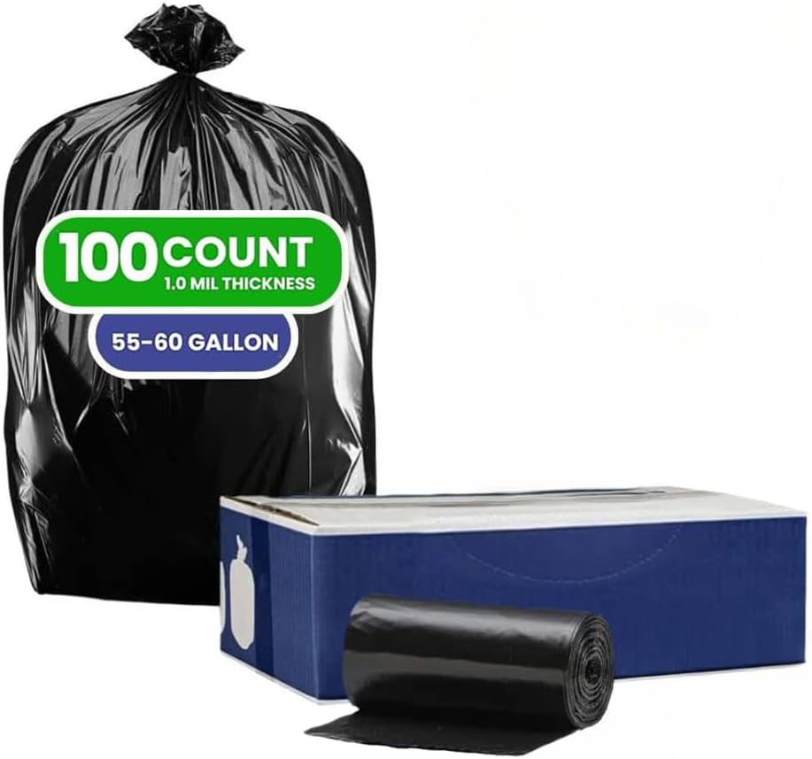 55-60 Gallon Trash Bags, 1.0 Mil, Black Heavy Duty Garbage Can Liners ...