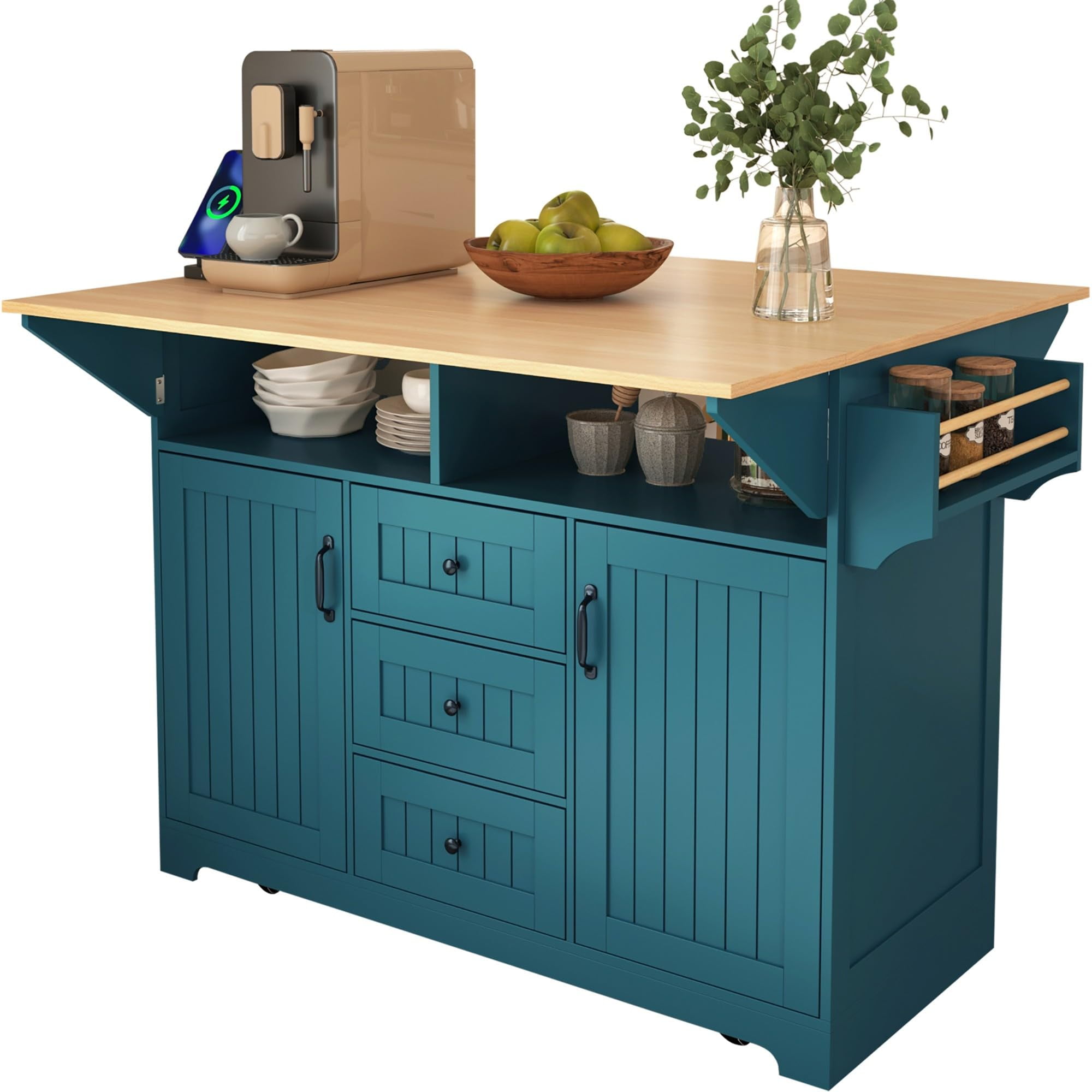 55.7'' Large Kitchen Island with 2 Drop Leaf, Rolling Kitchen Cart on 5 ...