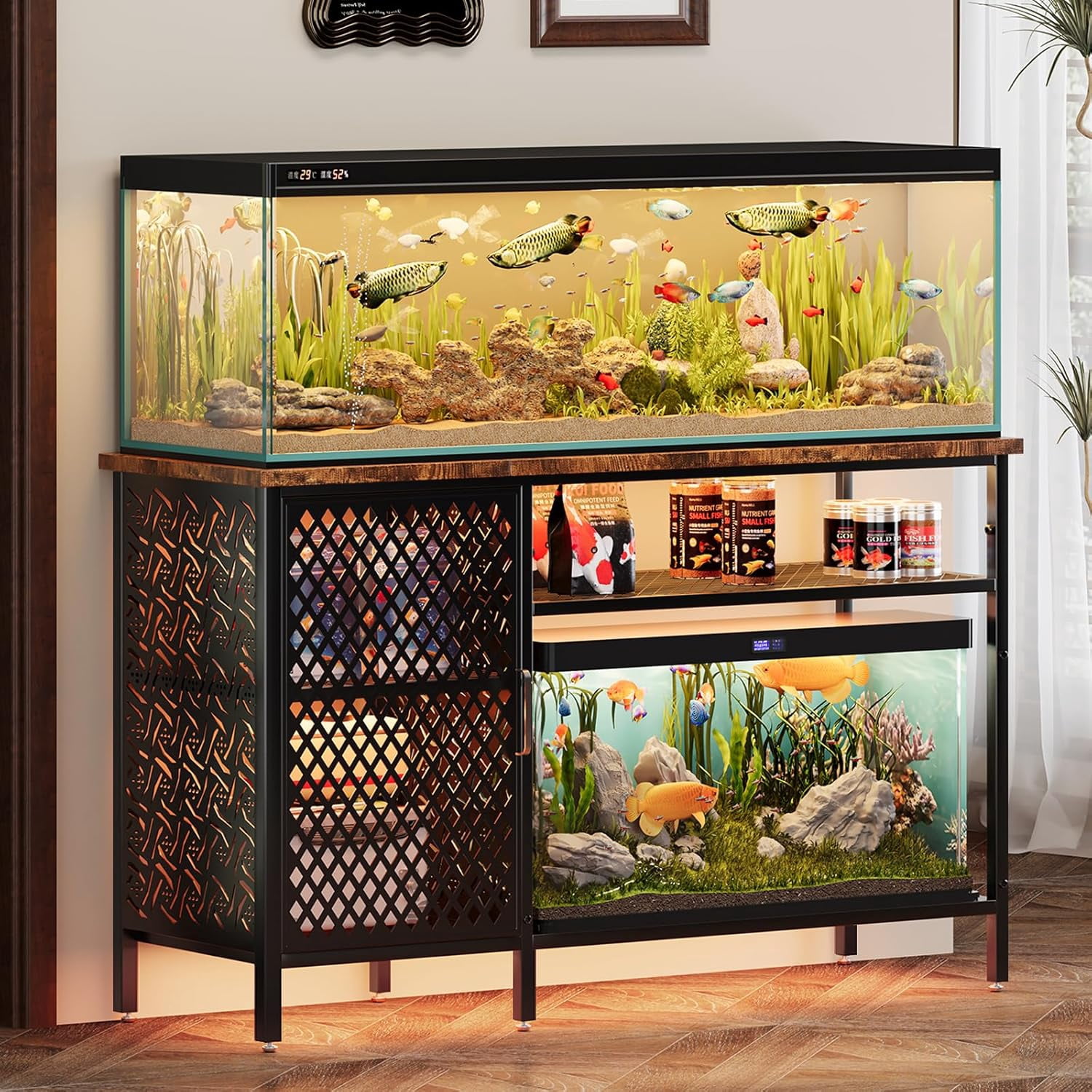 55-75 Gallon Fish Tank Stand with Outlets & LED Light,Metal Aquarium ...
