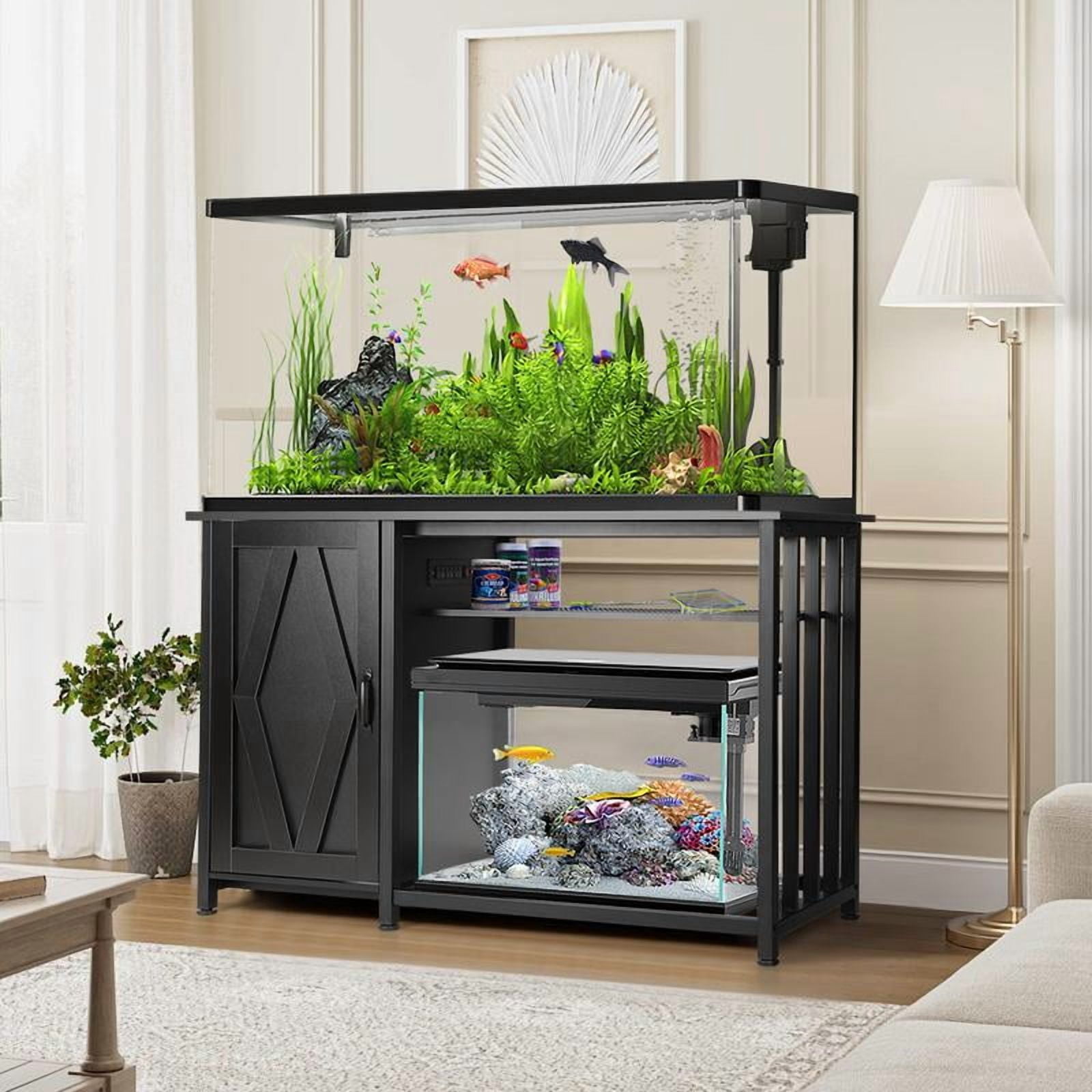 55-75 Gallon Heavy Duty Metal Fish Tank Stand with Power Outlets, Black ...