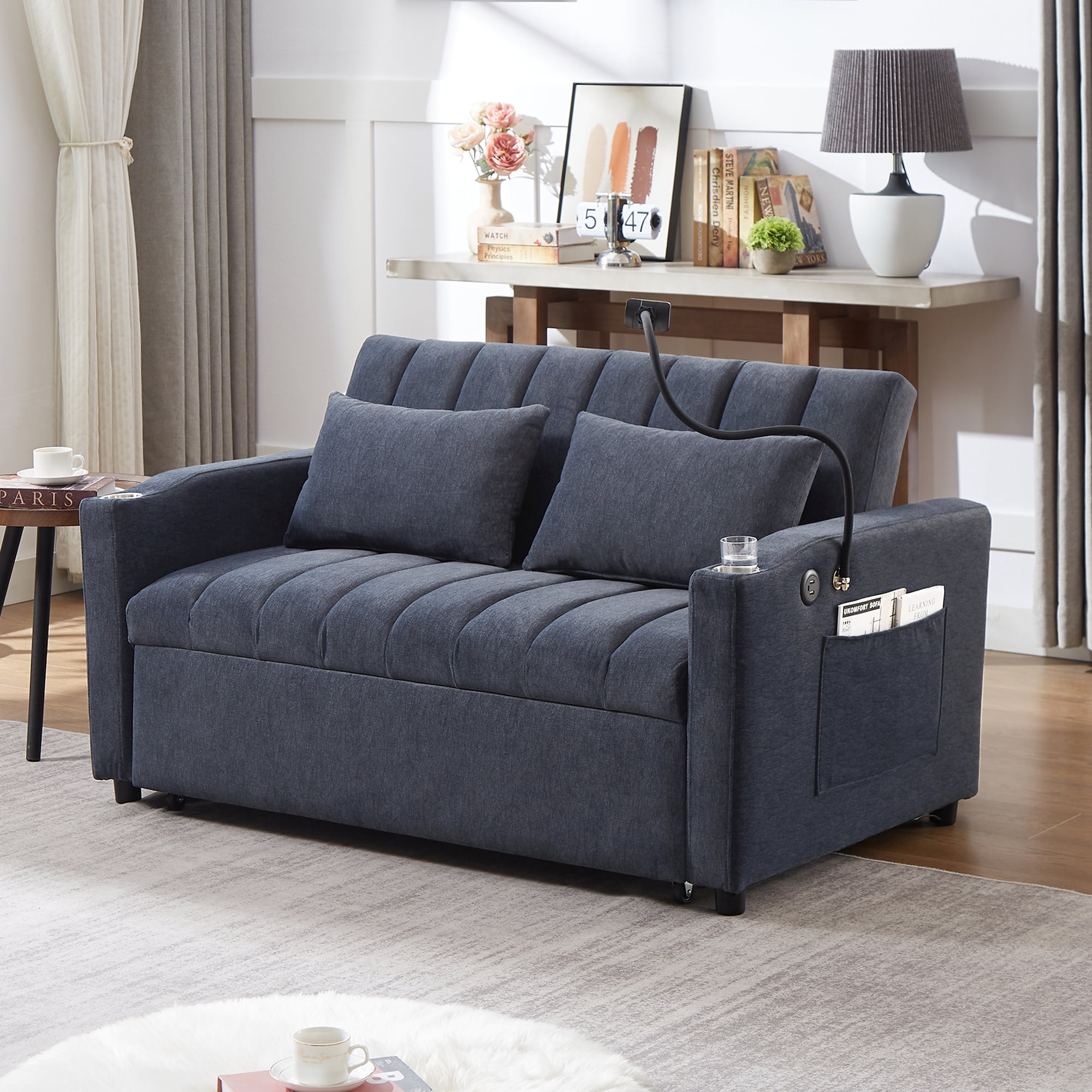 55.9 Convertible Sofa Bed Loveseat Sofa with 3 USB Ports and 2 Side Pockets 2 Seater Sofa Couch with 2 Cup Holders and 360 Swivel Phone Holder for Living Room Apartment Blue Walmart