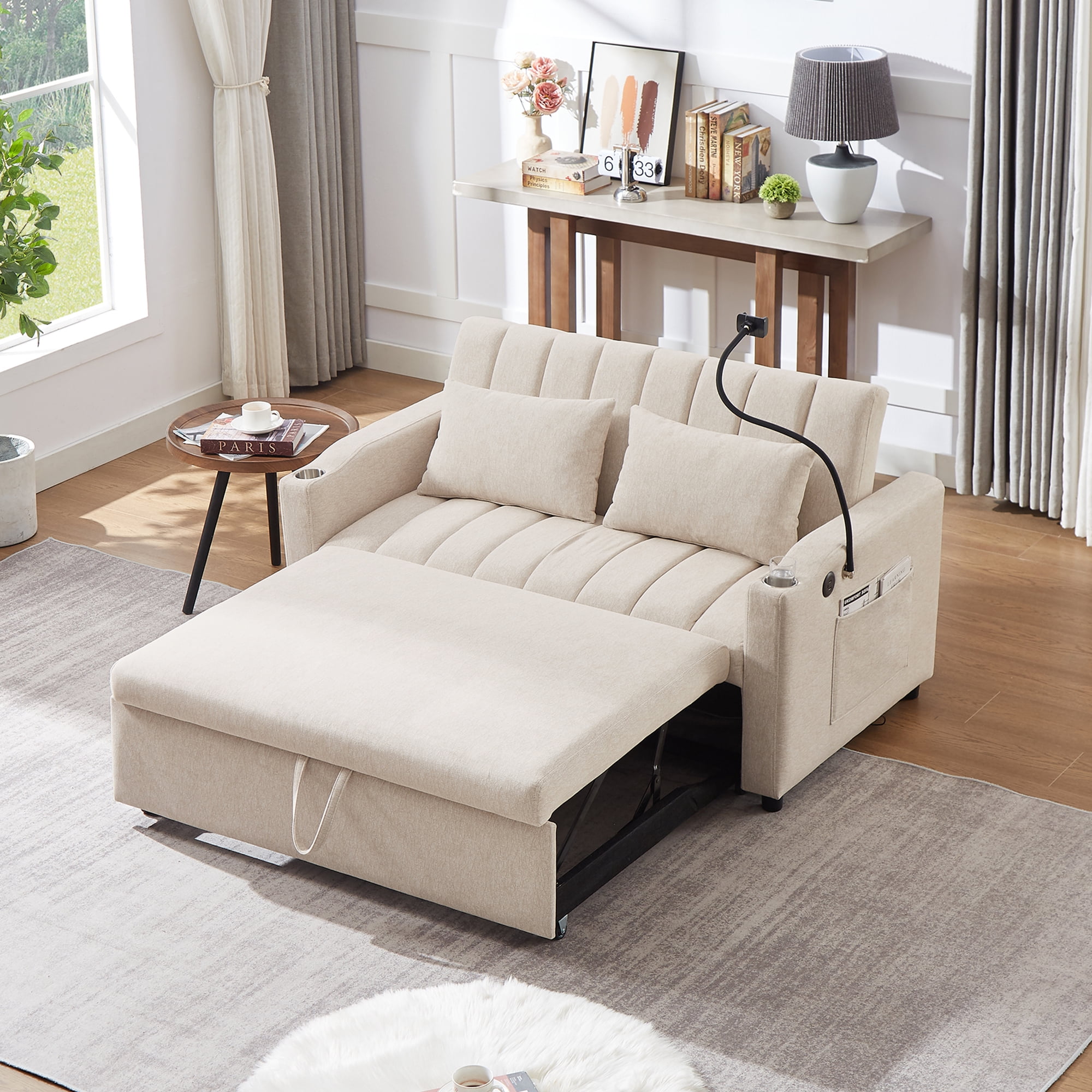 55.9" Convertible Sofa Bed Loveseat Sofa with Three USB Ports, Two Side ...