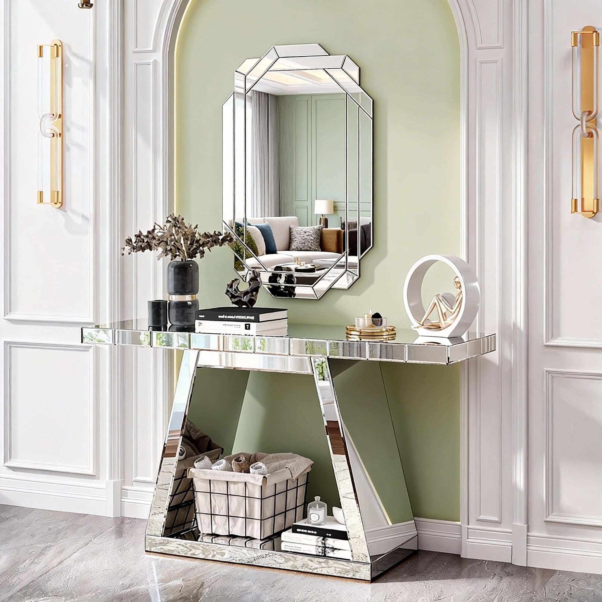 55.9" Modern Luxe Full-Body Mirror Entryway Table with Trapezoid Base ...