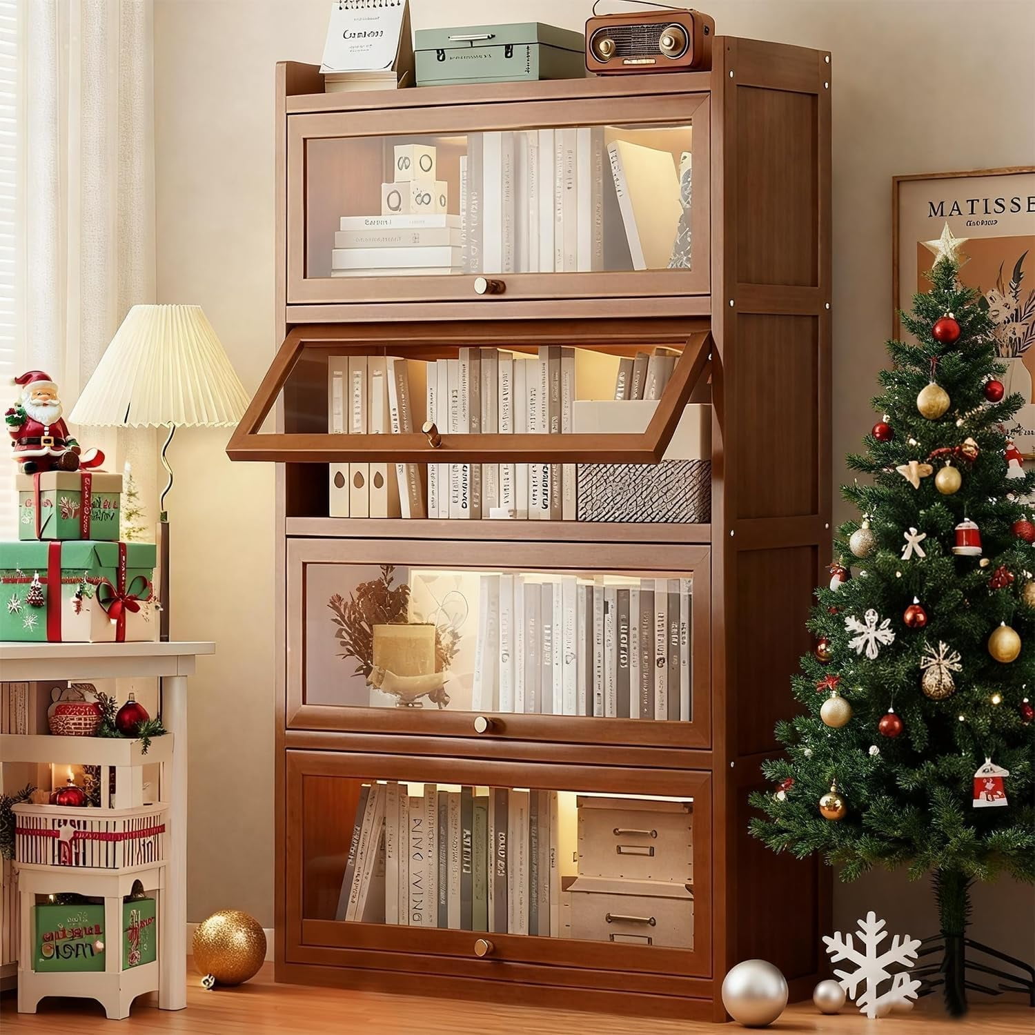 55" Bamboo Bookcases,Book Shelfs with Acrylic Doors,Freestanding ...