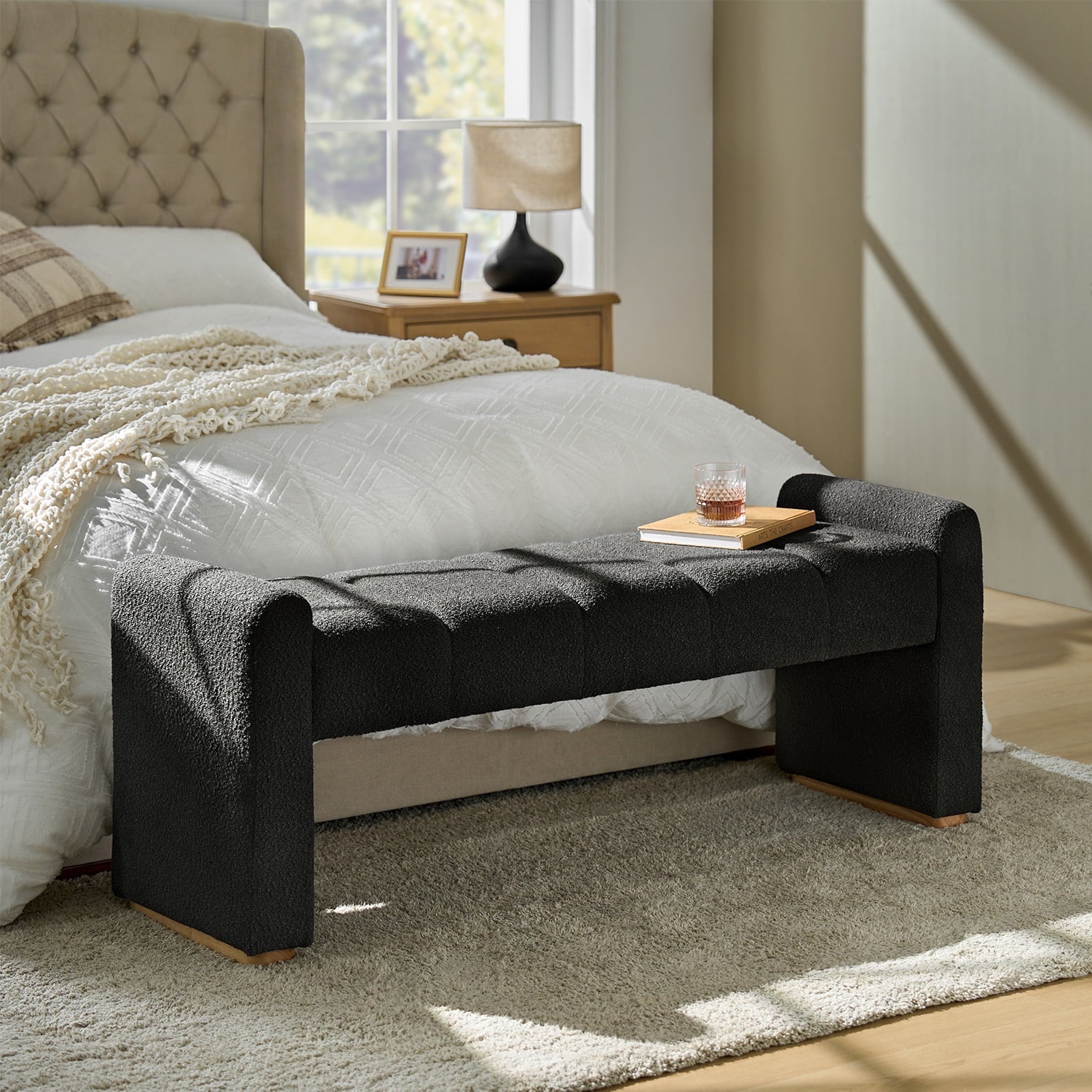 55" Bench Upholstered Chenille Fabric Bed Foot Stool Accent Footrest ...